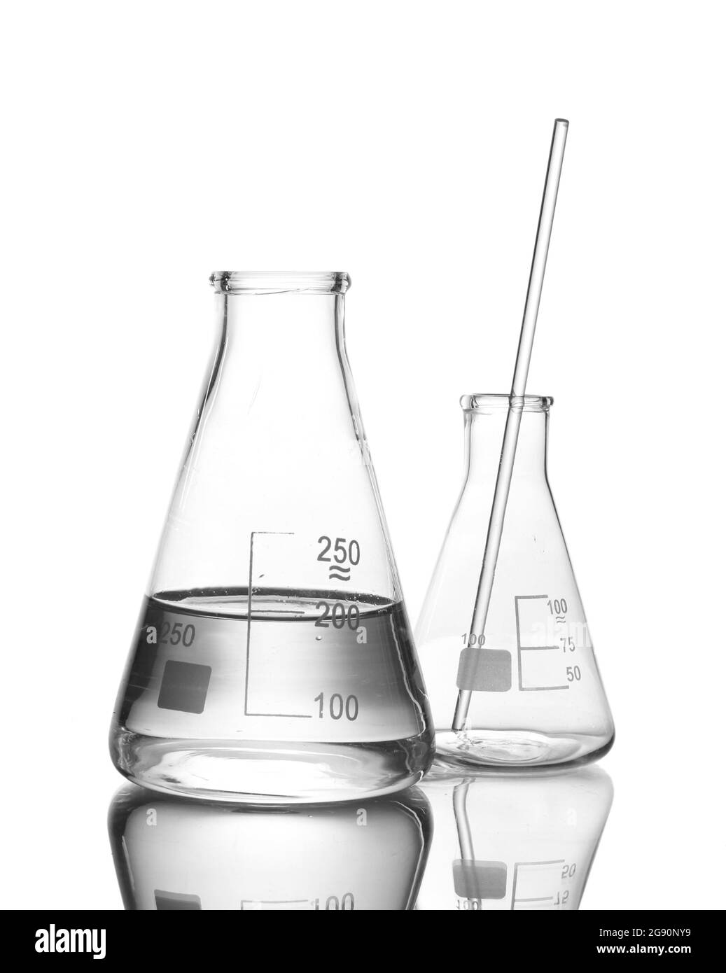 Flask with water and empty flask with reflection isolated on white ...