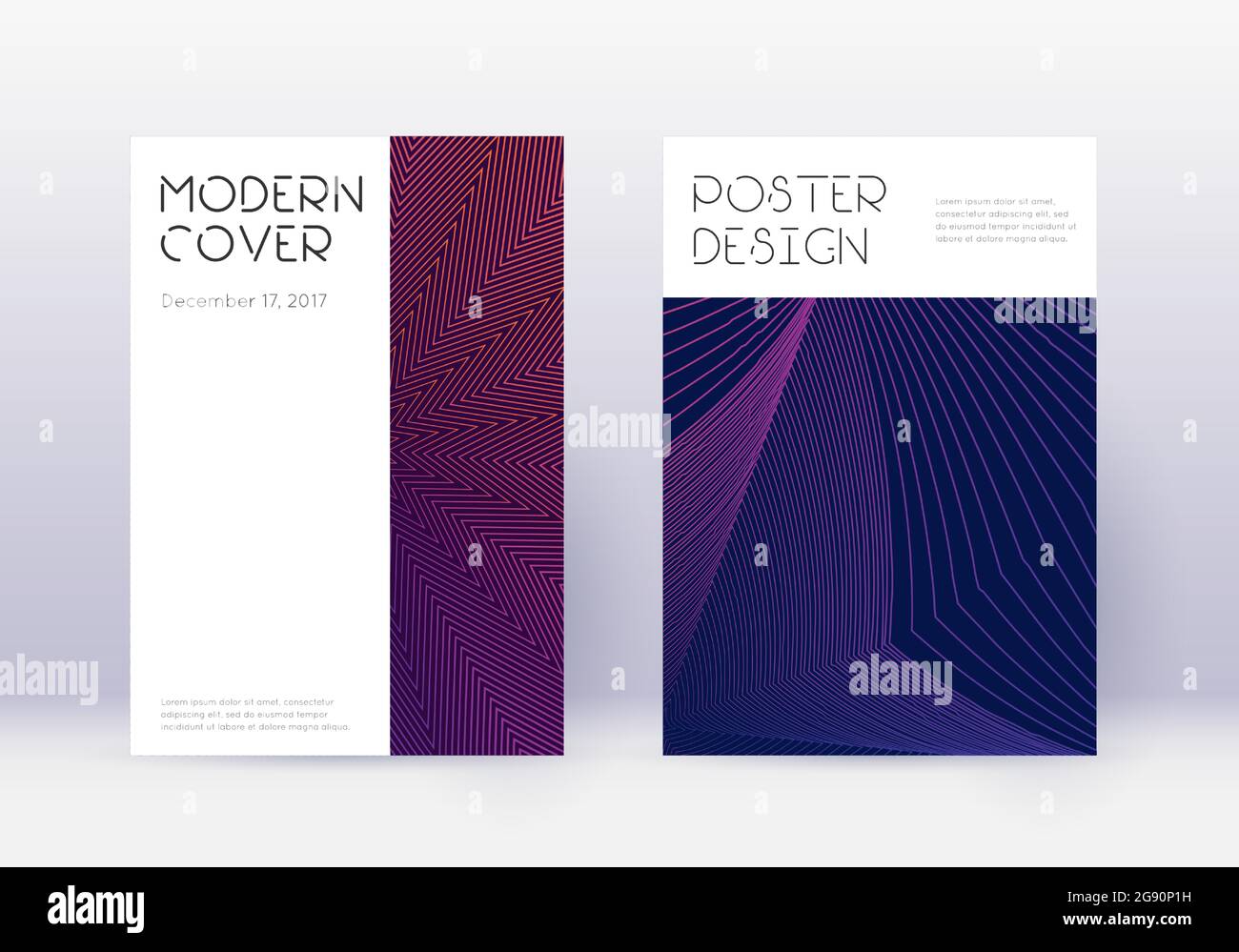 Minimal cover design template set. Violet abstract lines on dark ...