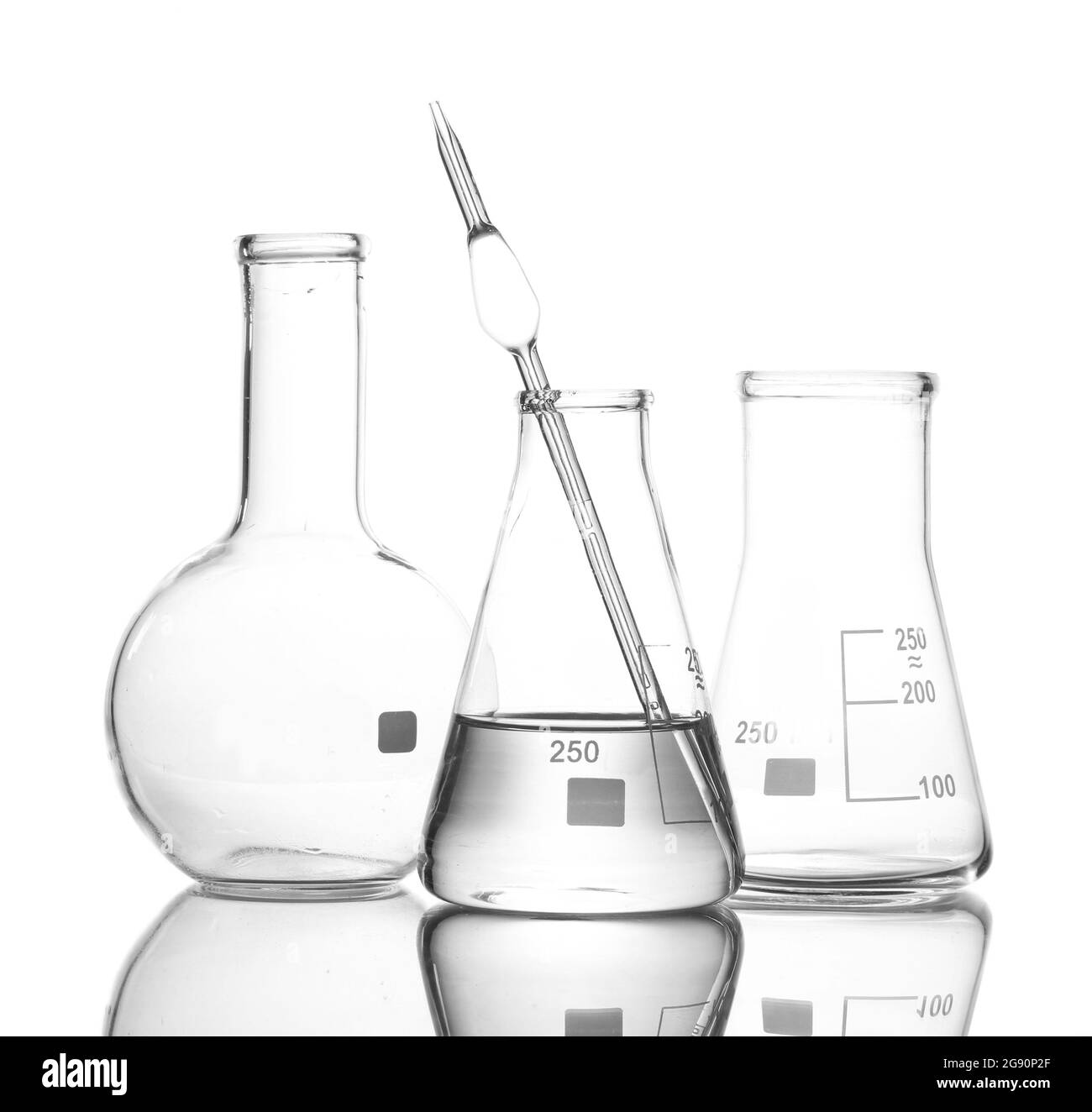 One flask with water and two empty flasks with reflection isolated on ...