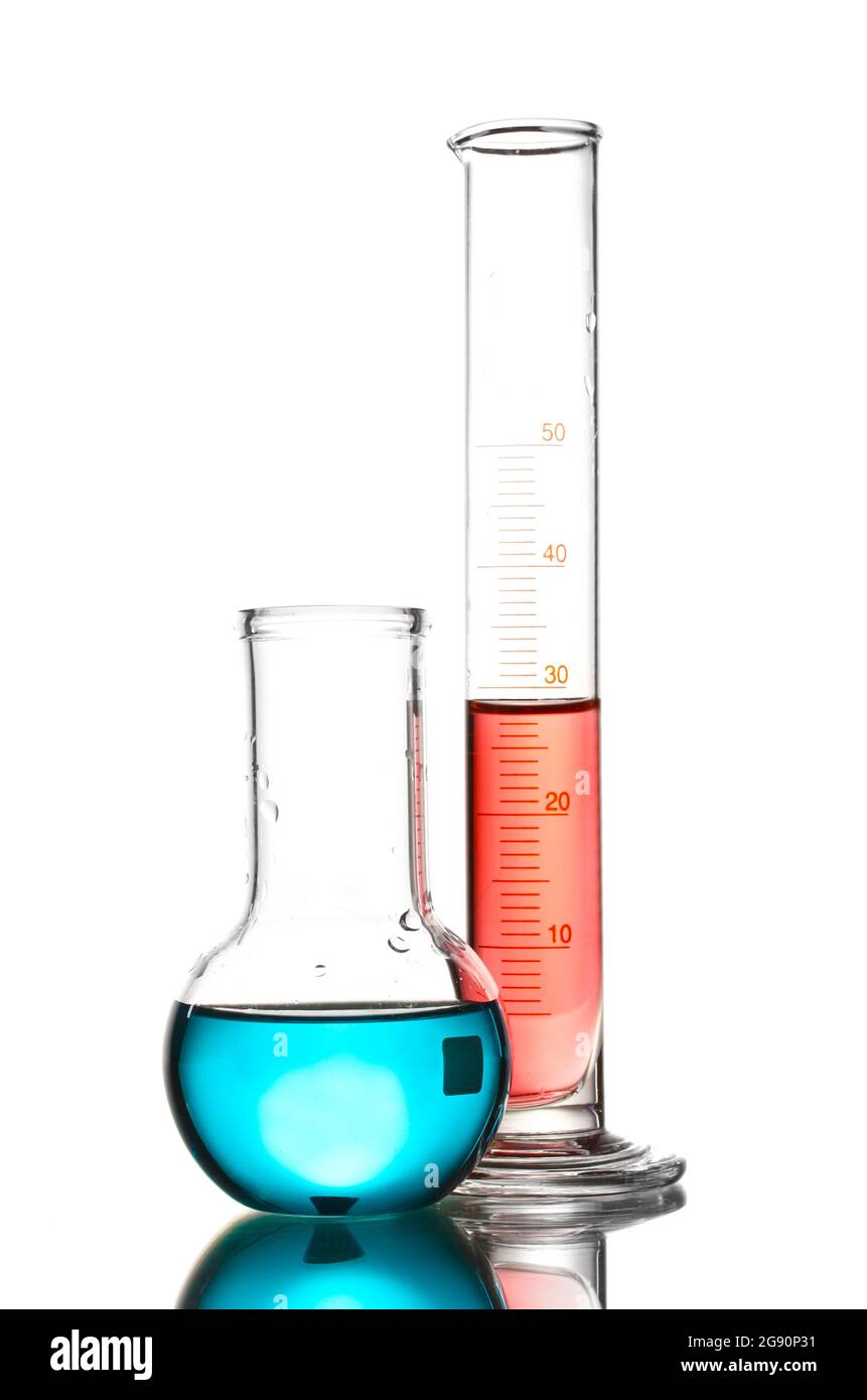 Two flasks with blue and red liquid and with reflection isolated on ...