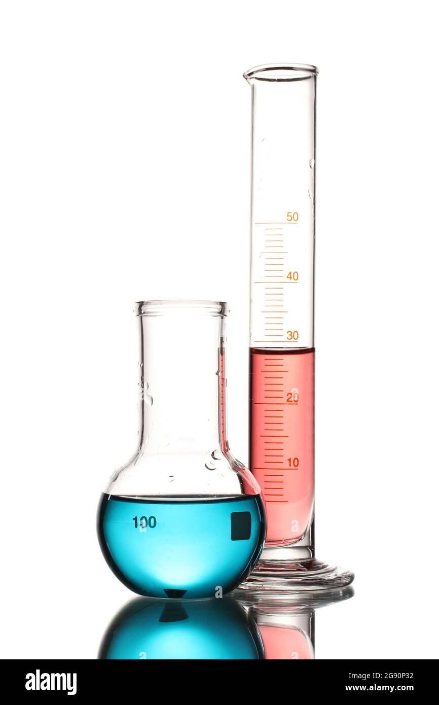 Two flasks with blue and red liquid and with reflection isolated on ...