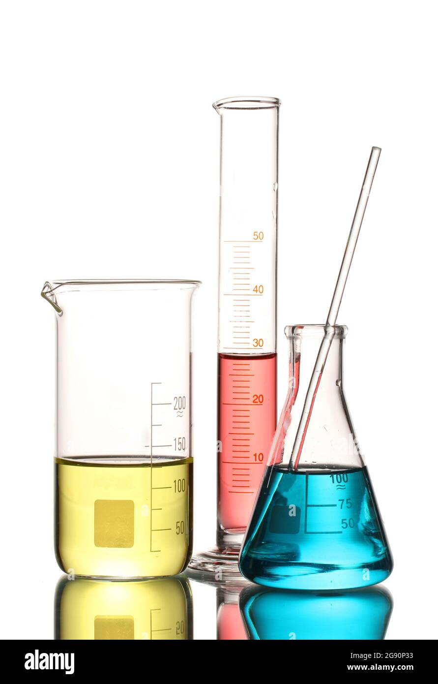 Three flasks with color liquid and with reflection isolated on white ...