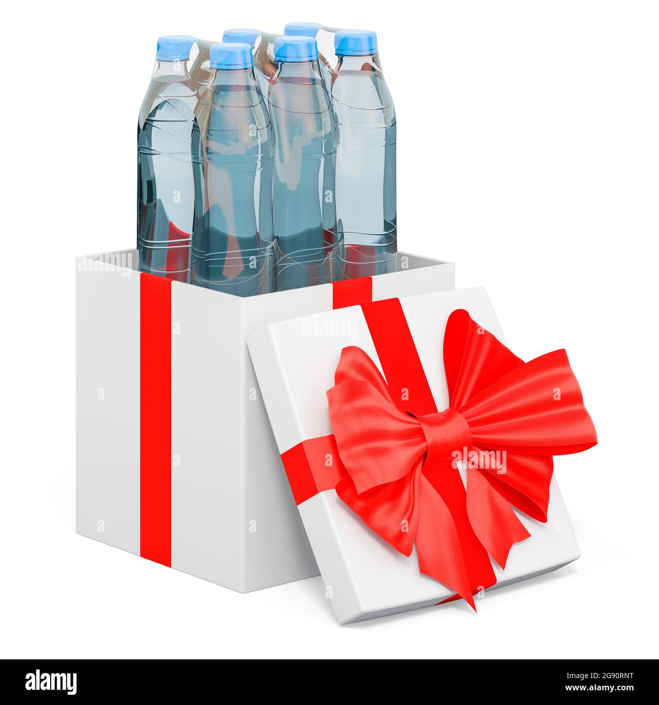 Packaging of water bottles inside gift box, gift concept. 3D rendering ...