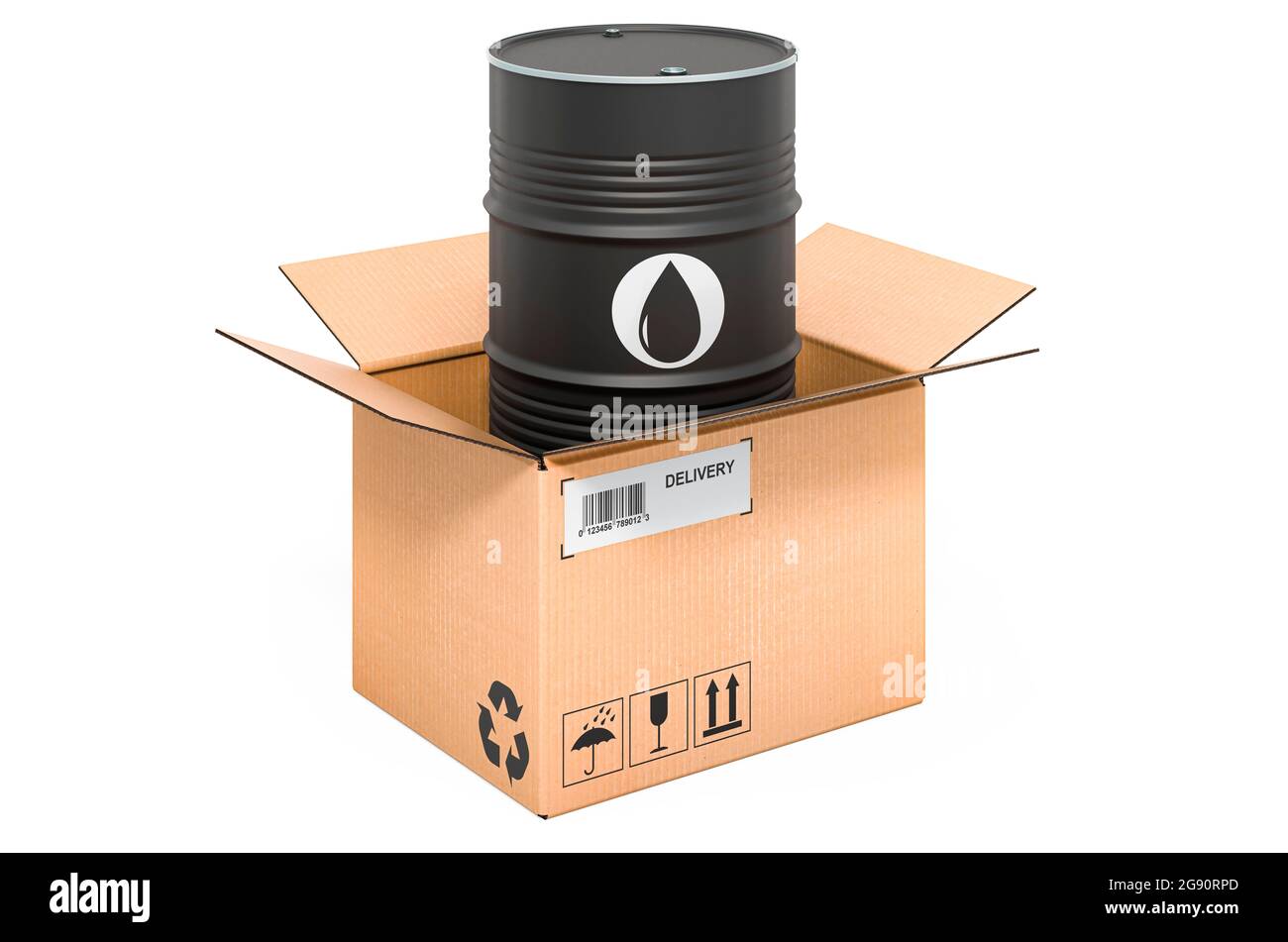 Oil barrel inside cardboard box, delivery concept. 3D rendering ...