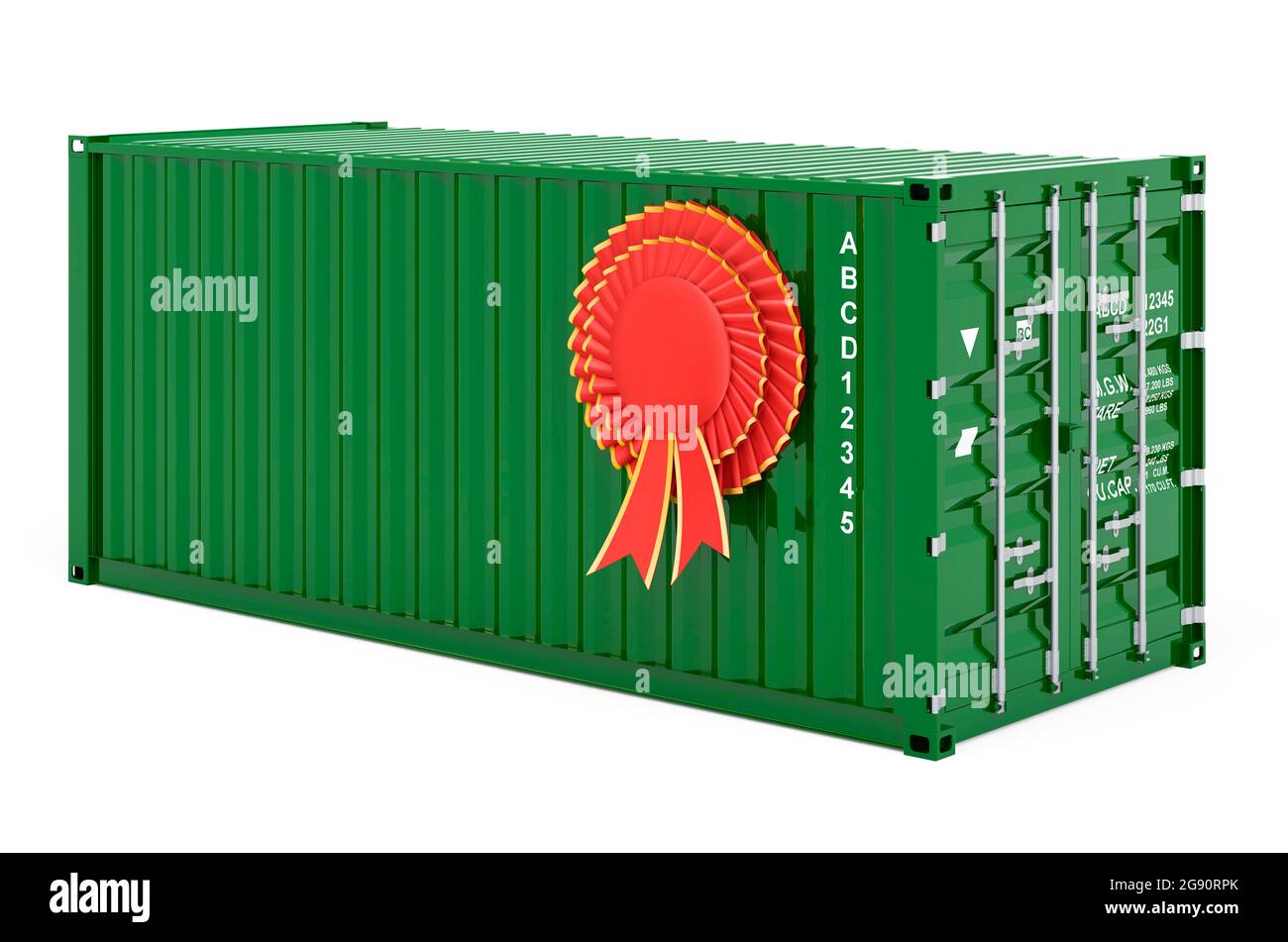 Cargo container with best choice badge, 3D rendering isolated on white ...