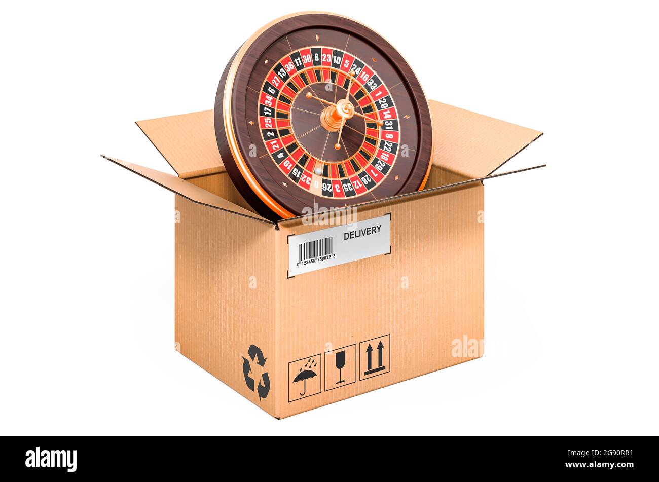 Casino roulette inside cardboard box, delivery concept. 3D rendering ...
