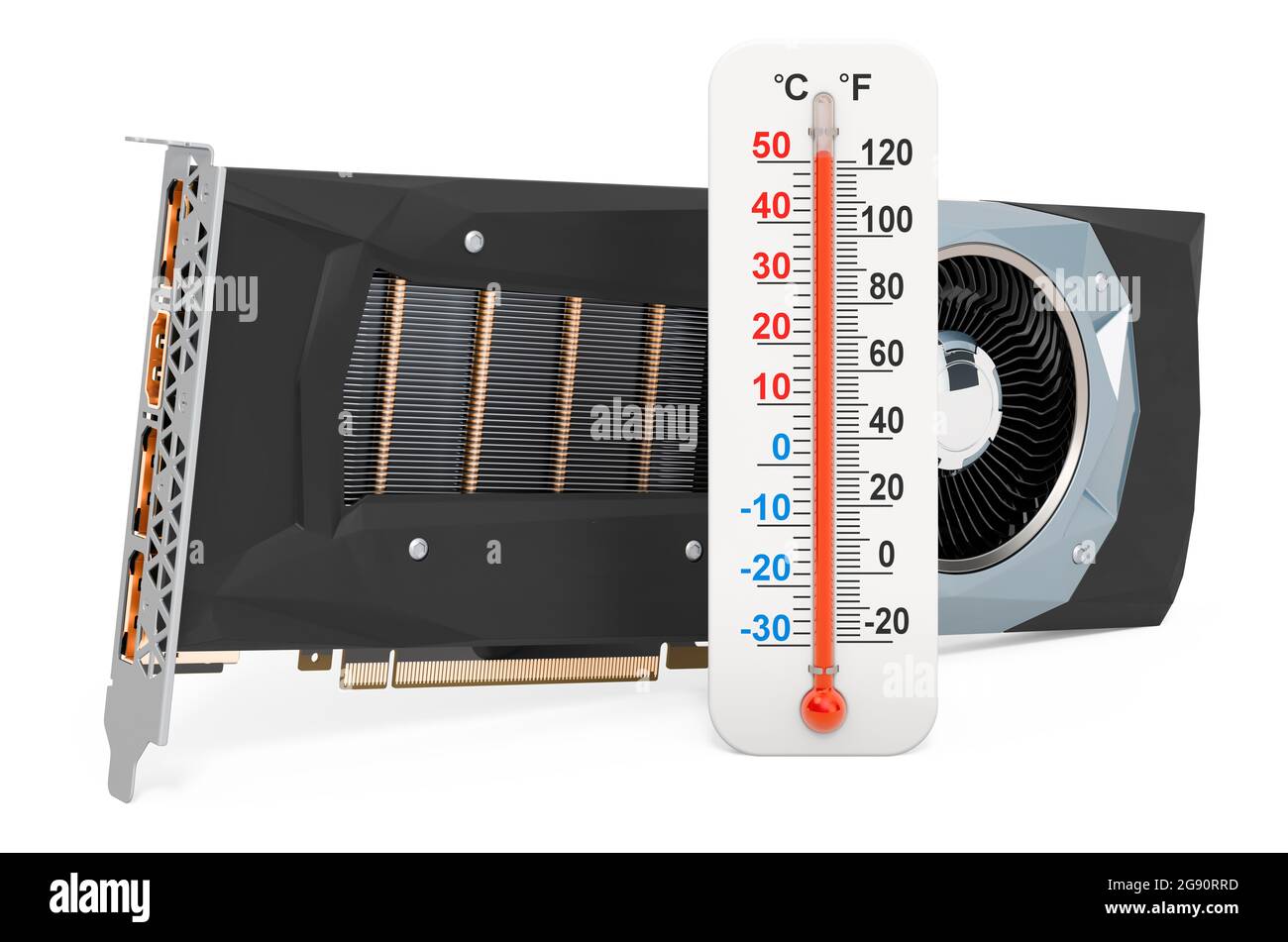 Video card with thermometer. GPU overheating concept, 3D rendering ...