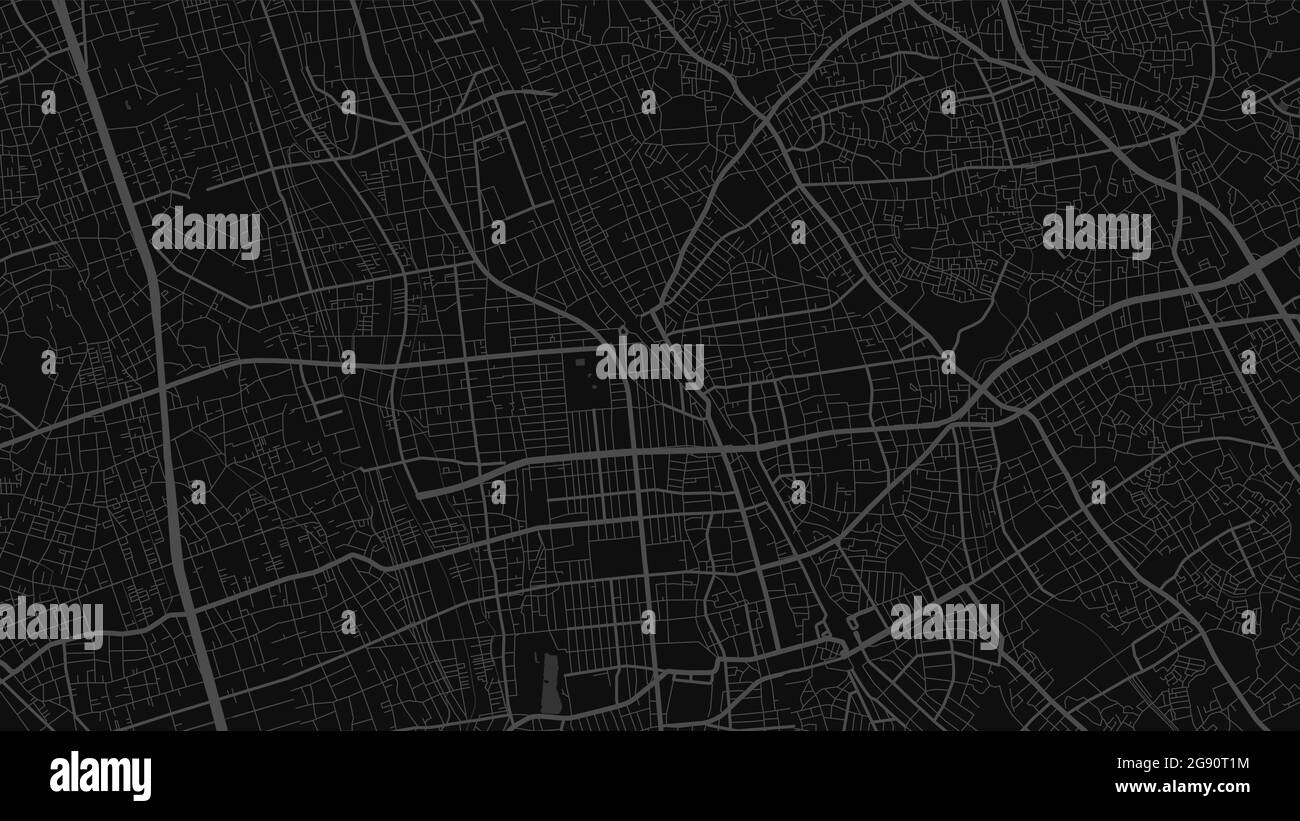 Dark black Saitama City area vector background map, streets and water ...