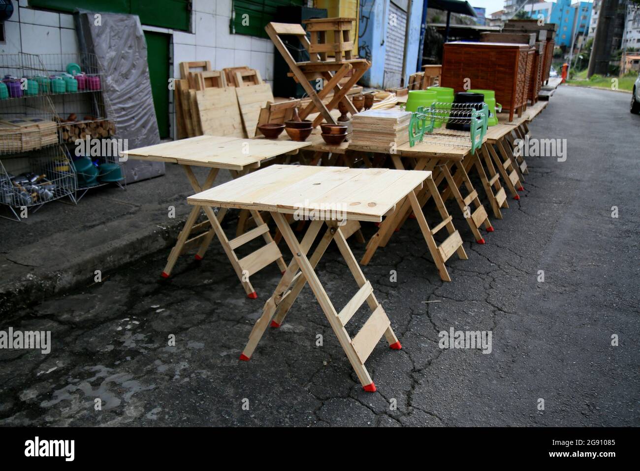 salvador, bahia, brazil - july 6, 2021: Table made of demolition wood ...