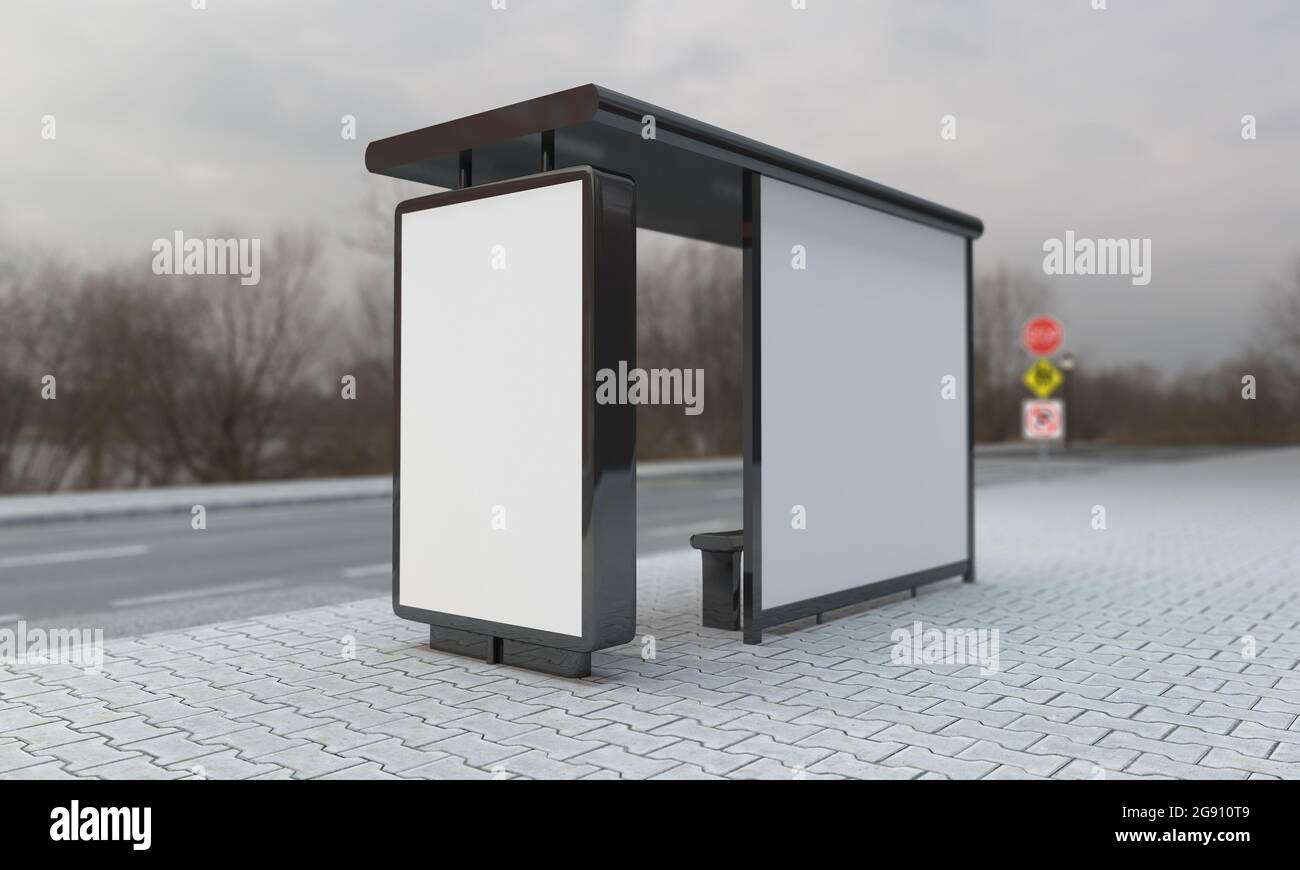 3D rendering of a bus stop with blank frames for your images/text/art ...