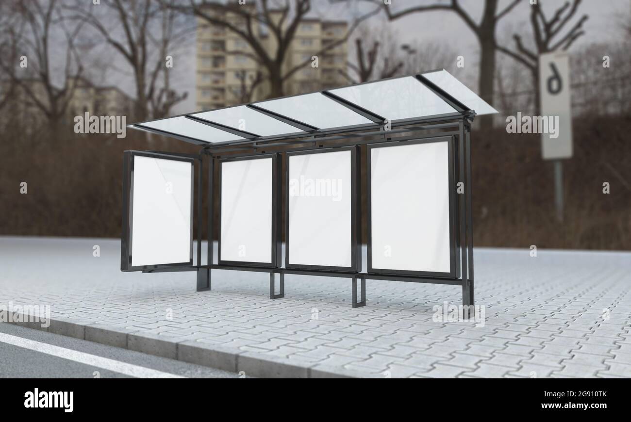 3D rendering of a bus stop with blank frames for your images/text/art ...