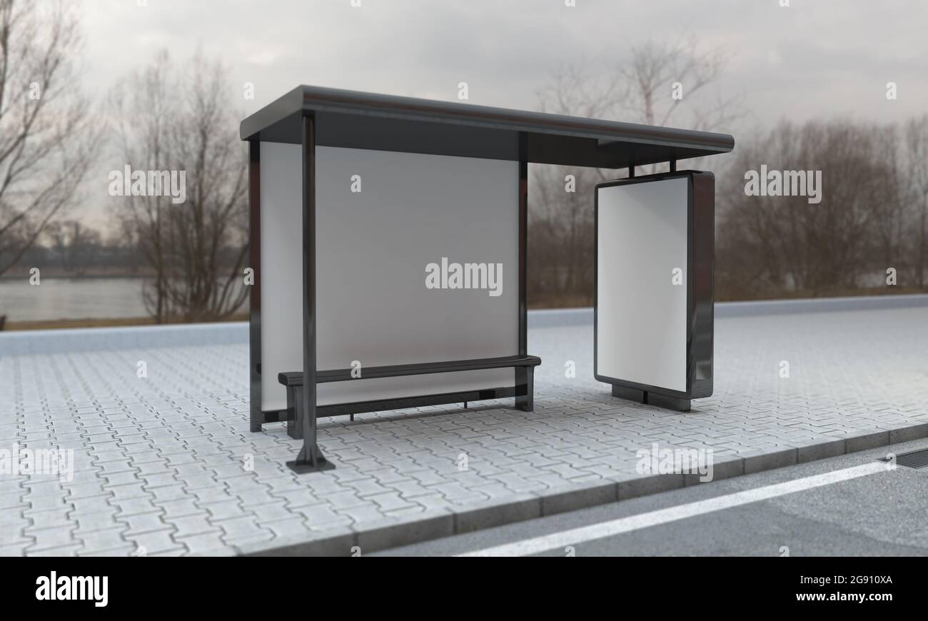 3D rendering of a bus stop with blank frames for your images/text/art ...