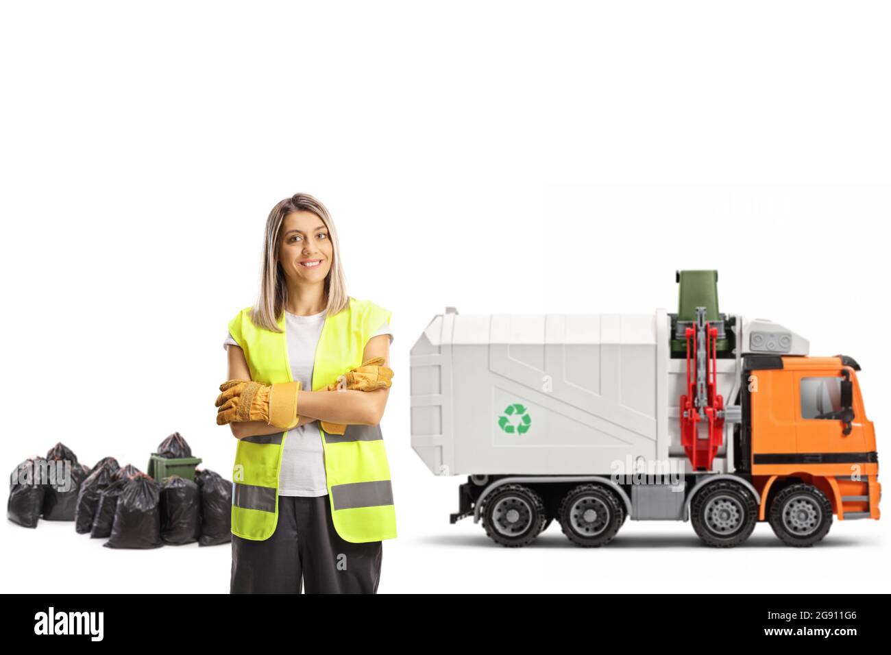 Female waste collector in a uniform with a garbage truck isolated on ...