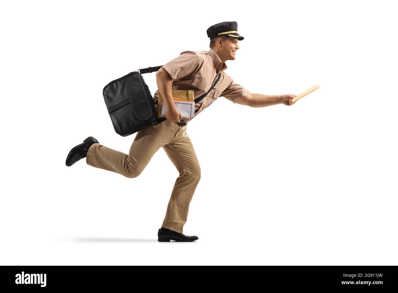 Full length profile shot of a mailman running and carrying letters ...