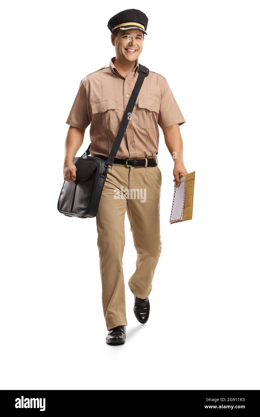 Full length portrait of a mailman walking towards camera and carrying a ...