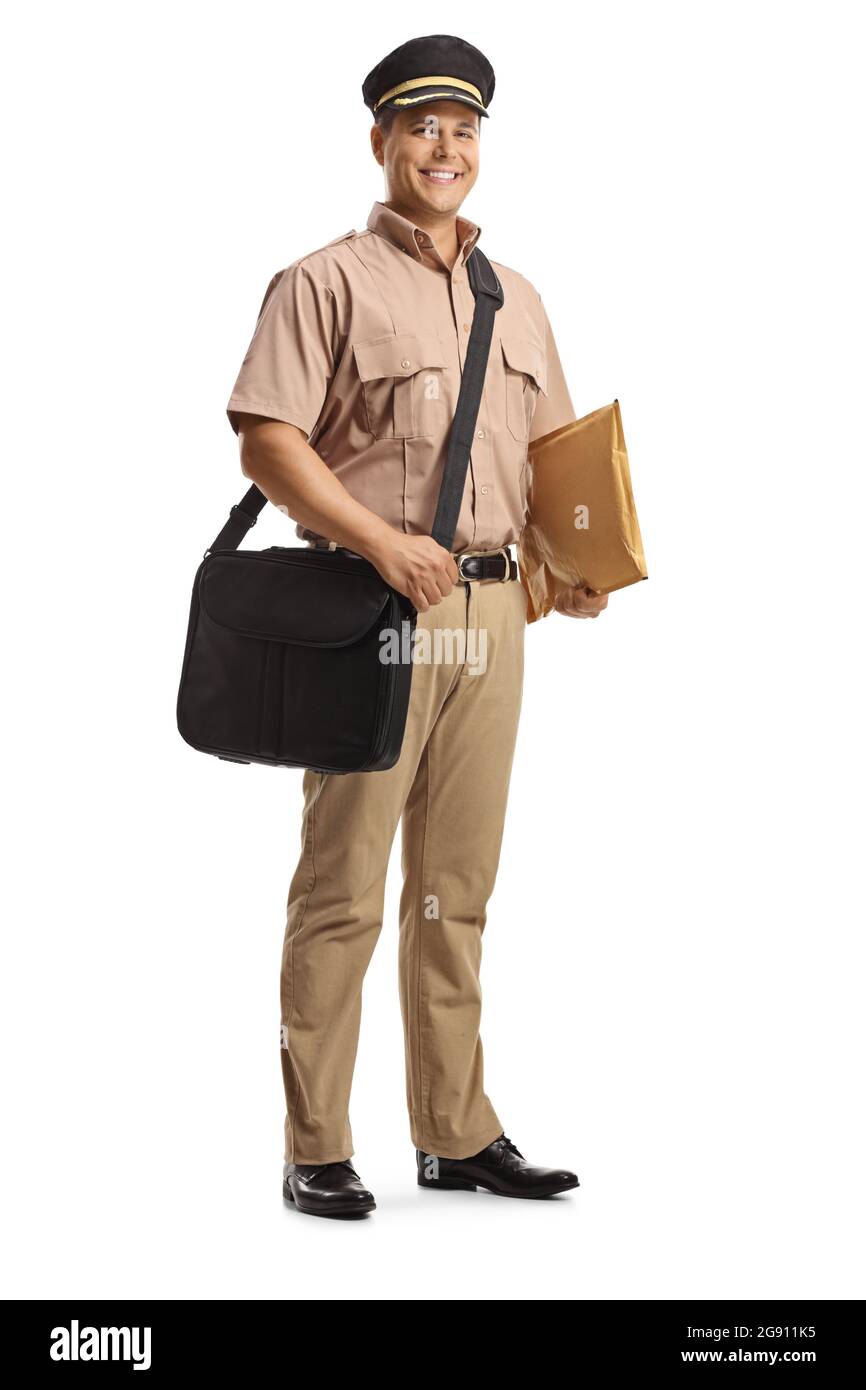 Full length portrait of a young mailman in a uniform carrying a bag and ...
