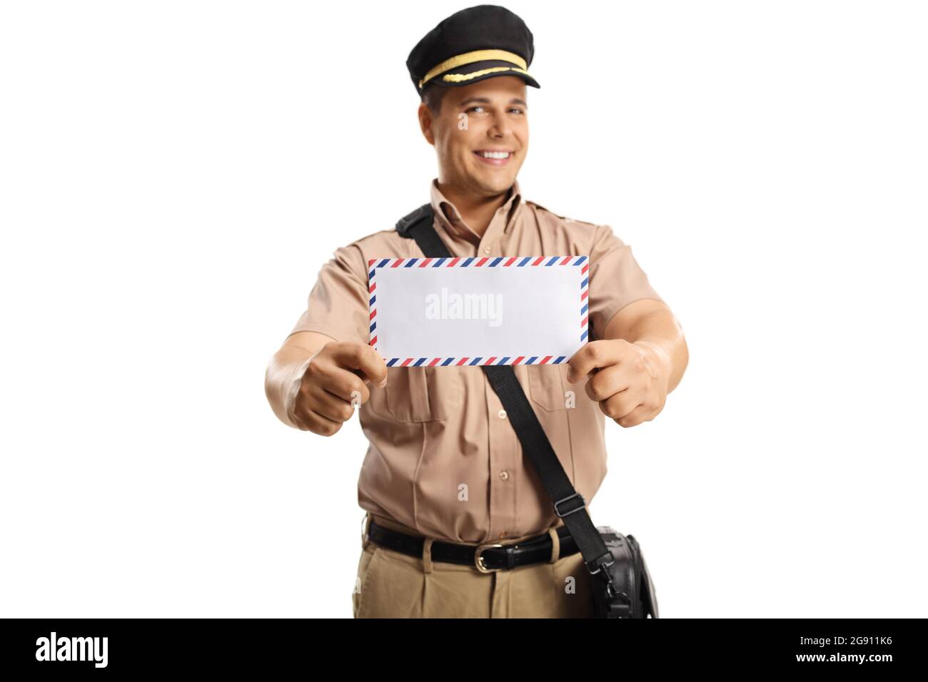 Young mailman in a uniform showing a letter and smiling isolated on ...