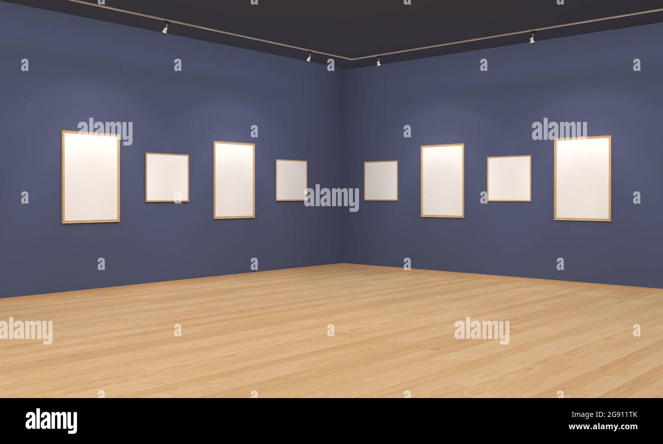3D rendering of an art gallery with empty frames for your images/text ...