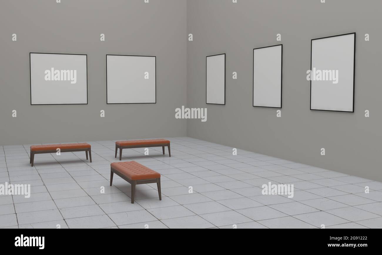 3D rendering of an art gallery with empty frames for your images/text ...