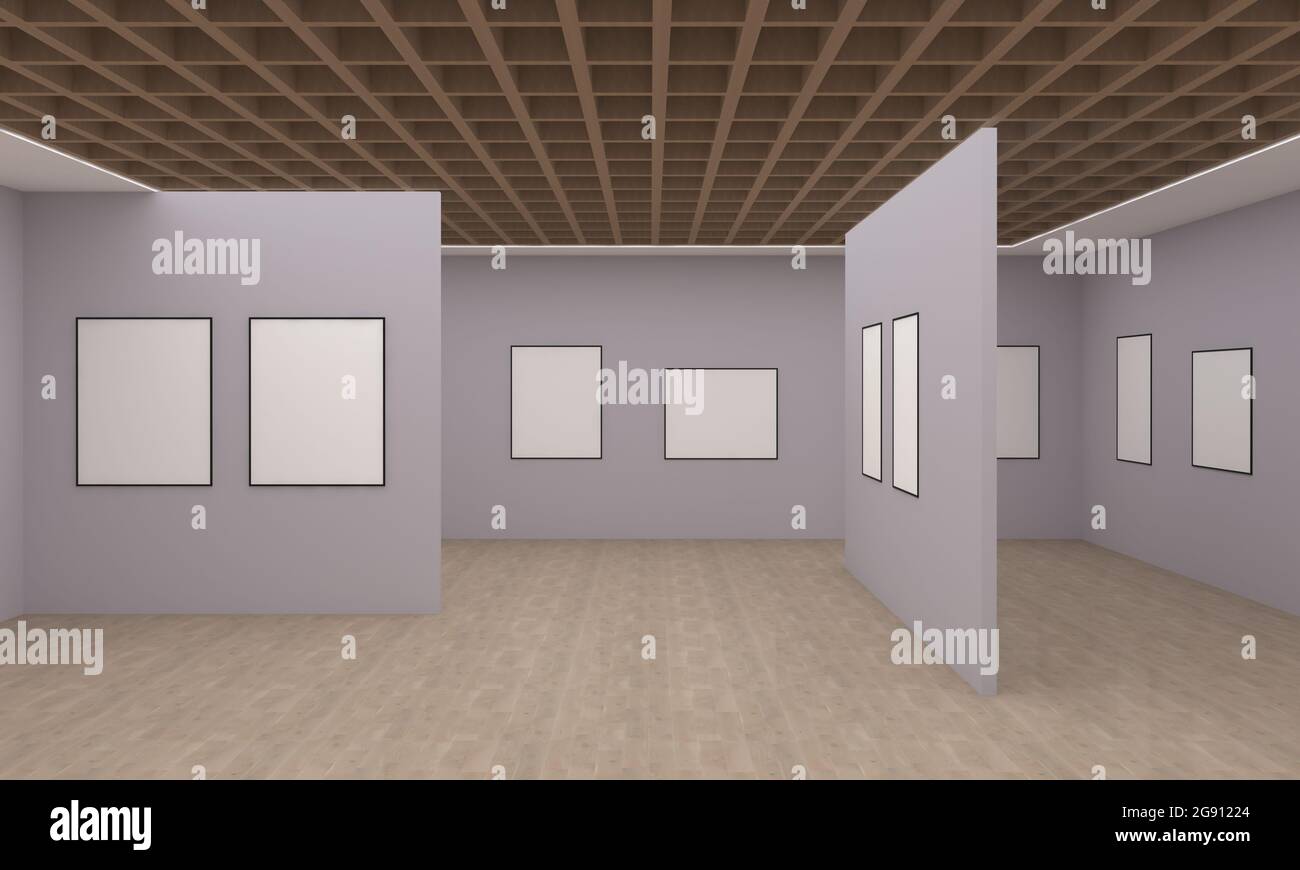 3D rendering of an art gallery with empty frames for your images/text ...
