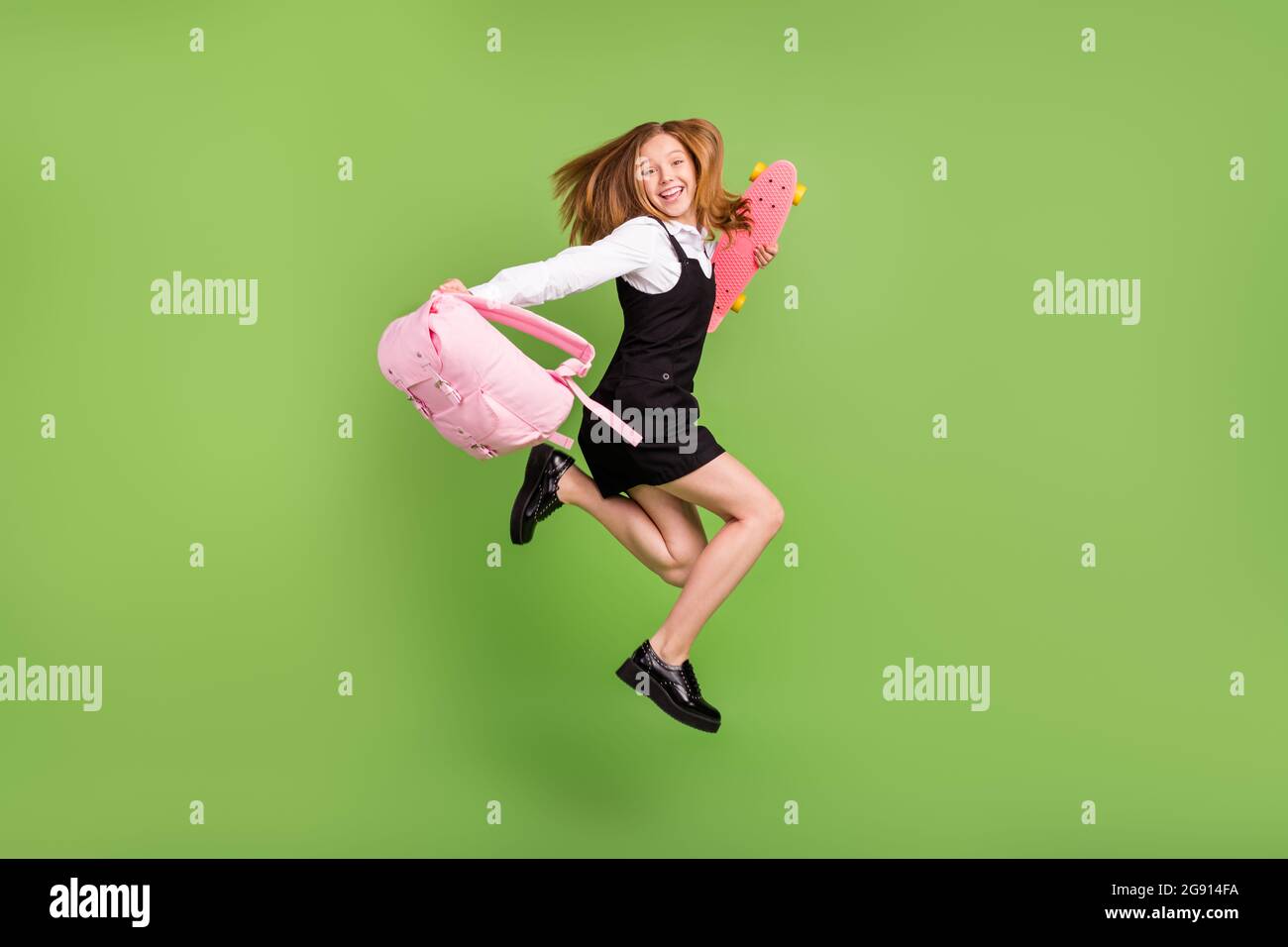 Full length body size view of attractive cheerful girl jumping having ...