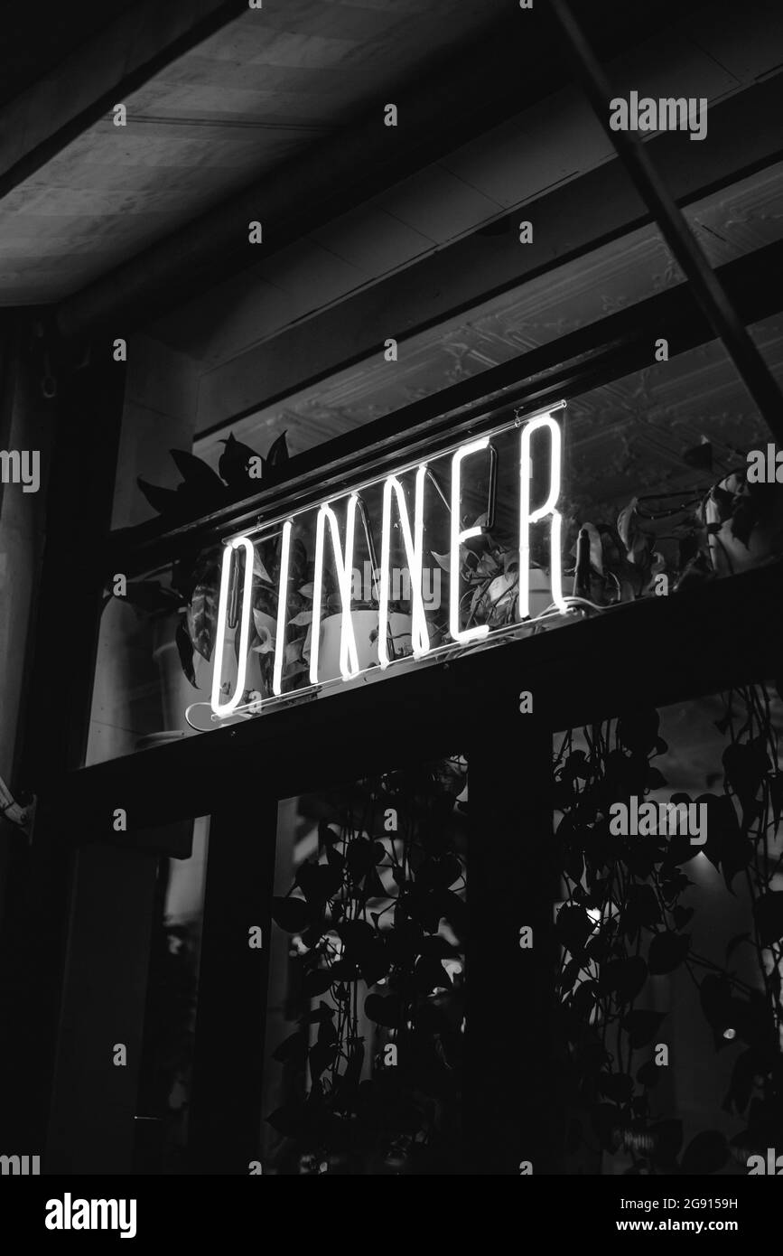 Dinner neon sign at night, in Manhattan, New York City Stock Photo - Alamy