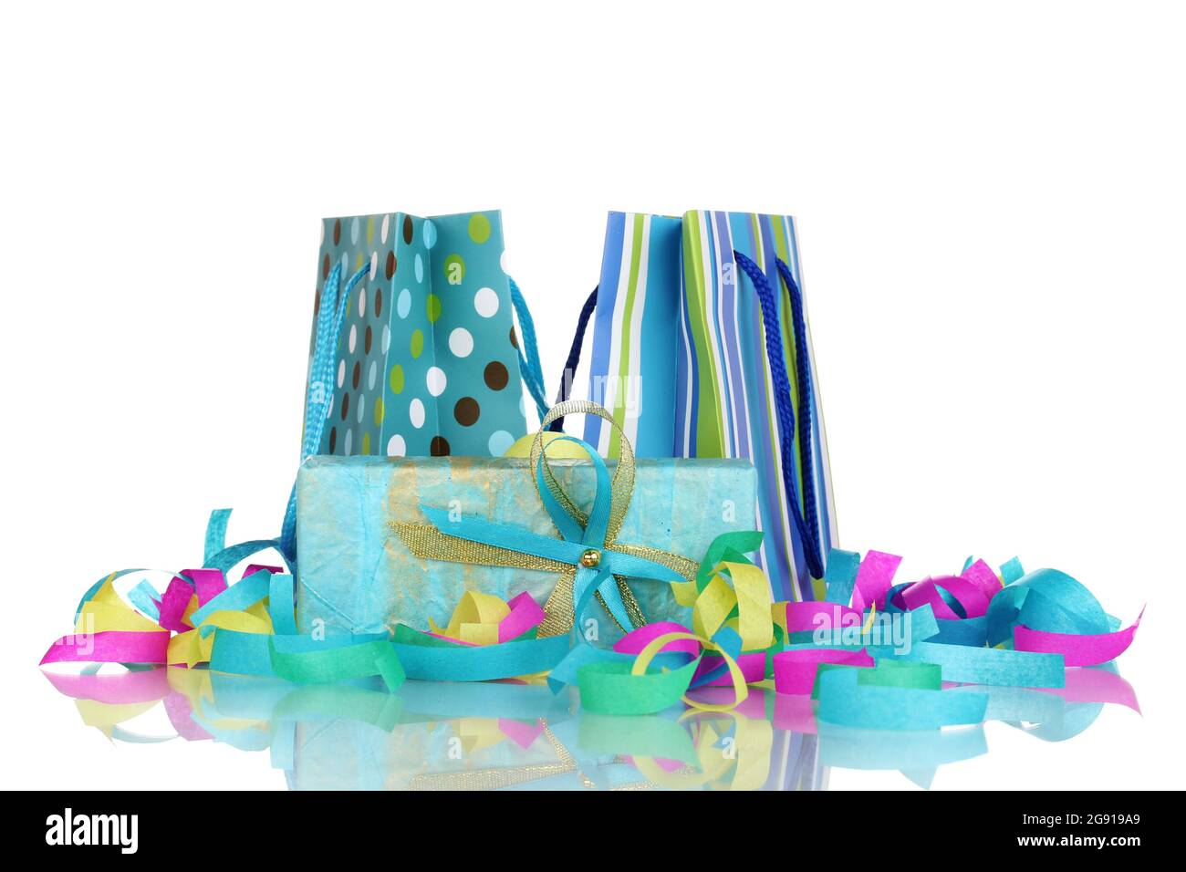 Colorful gift bags and gifts with serpentine isolated on white Stock ...