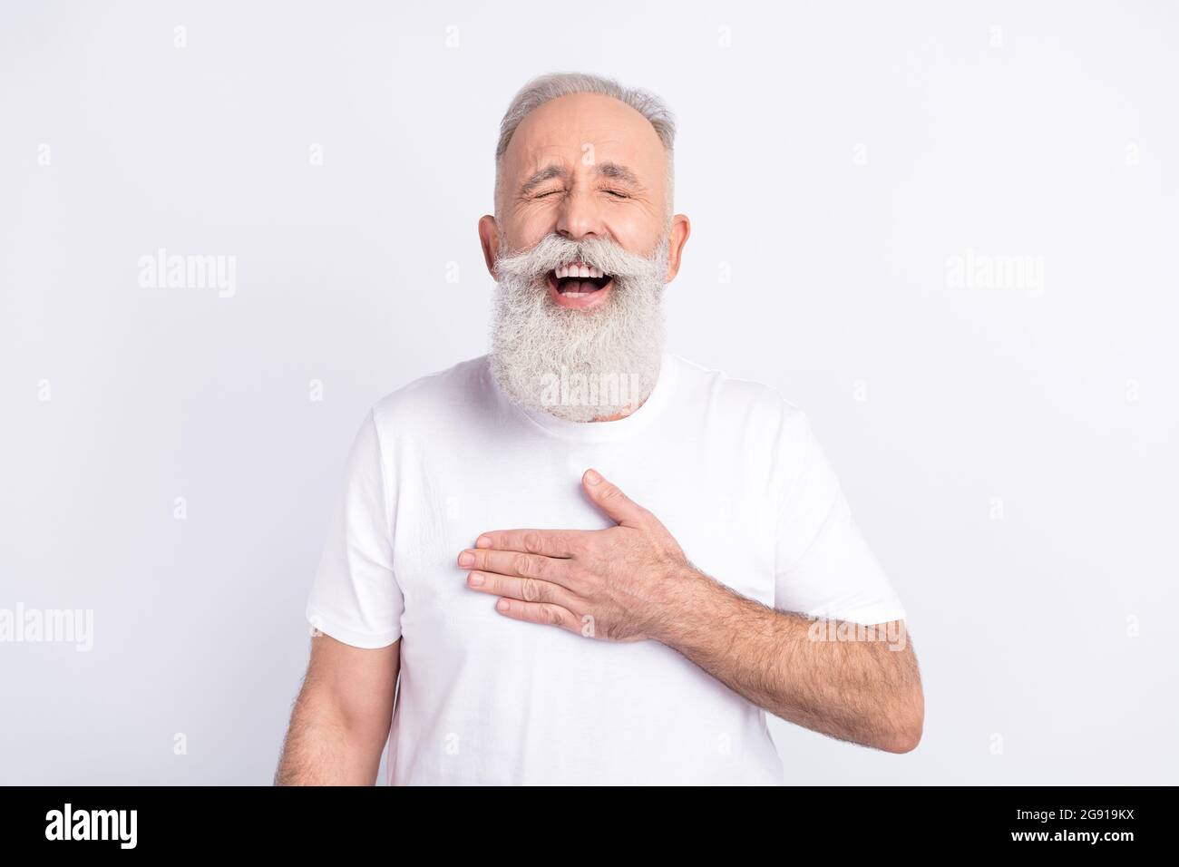 Portrait of attractive dreamy cheerful man laughing lol having fun ...