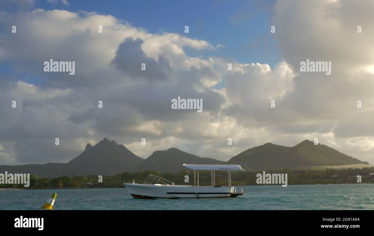 Mauritius landscape with mountains, view from sailing boat Stock Photo ...