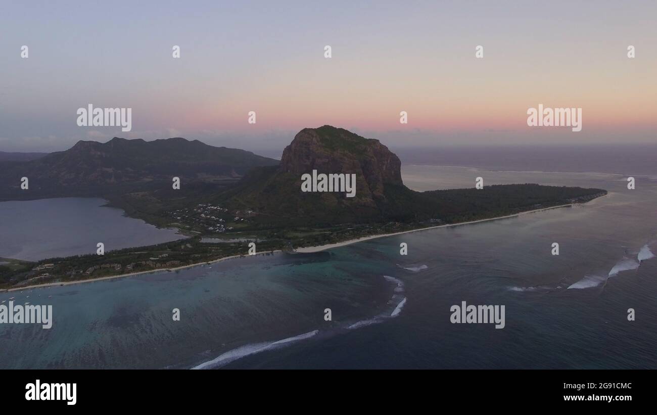 Mauritius aerial view with Le Morne Brabant mountain and ocean Stock ...