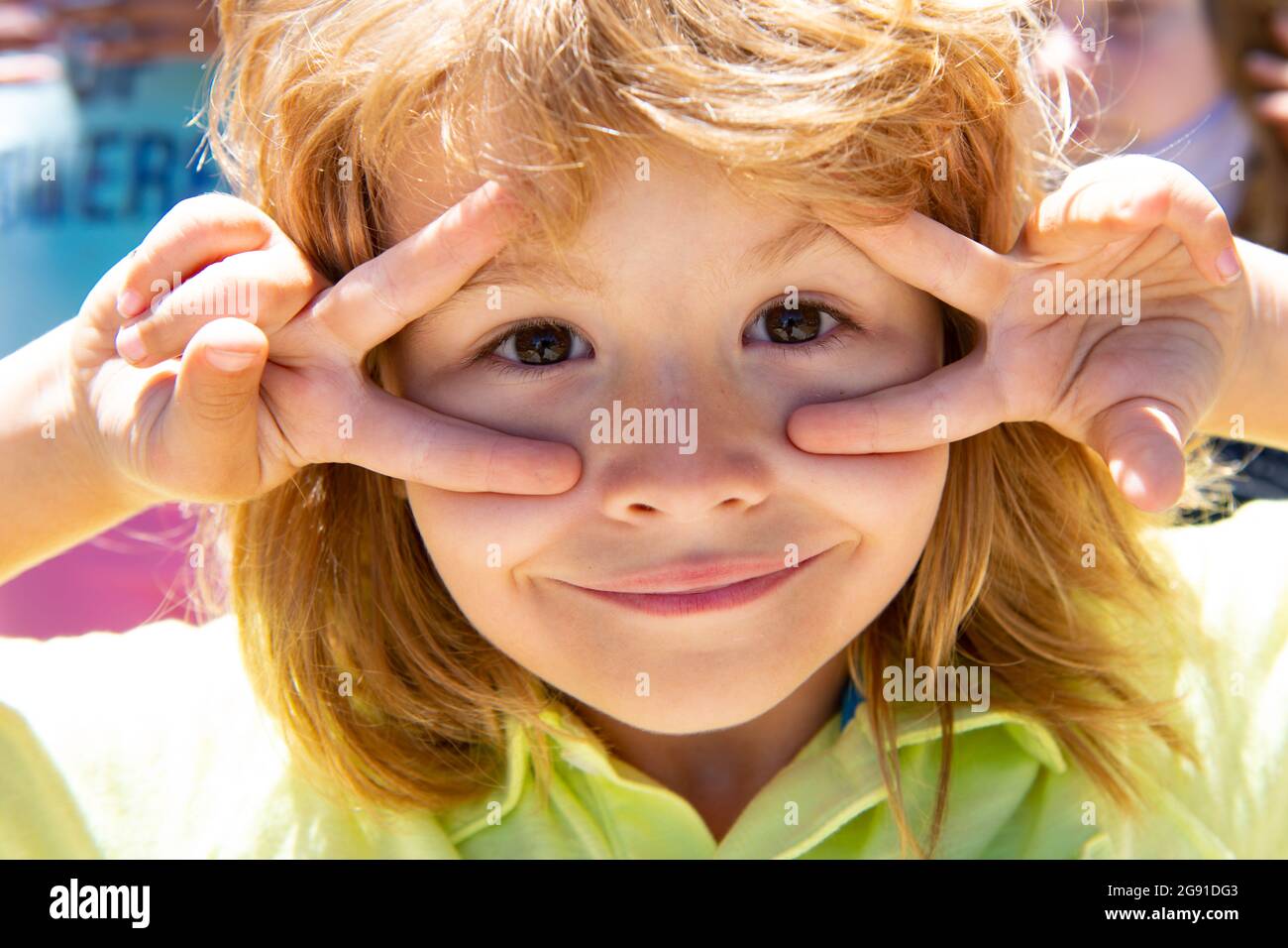 Kids funny face closeup. Childhood, leisure and children concept. Happy ...