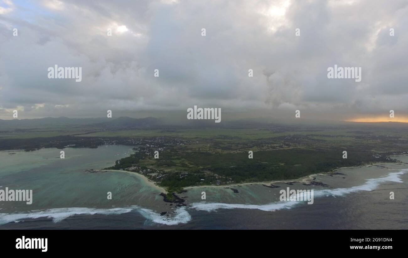 Flying over Mauritius with its blue lagoons Stock Photo - Alamy