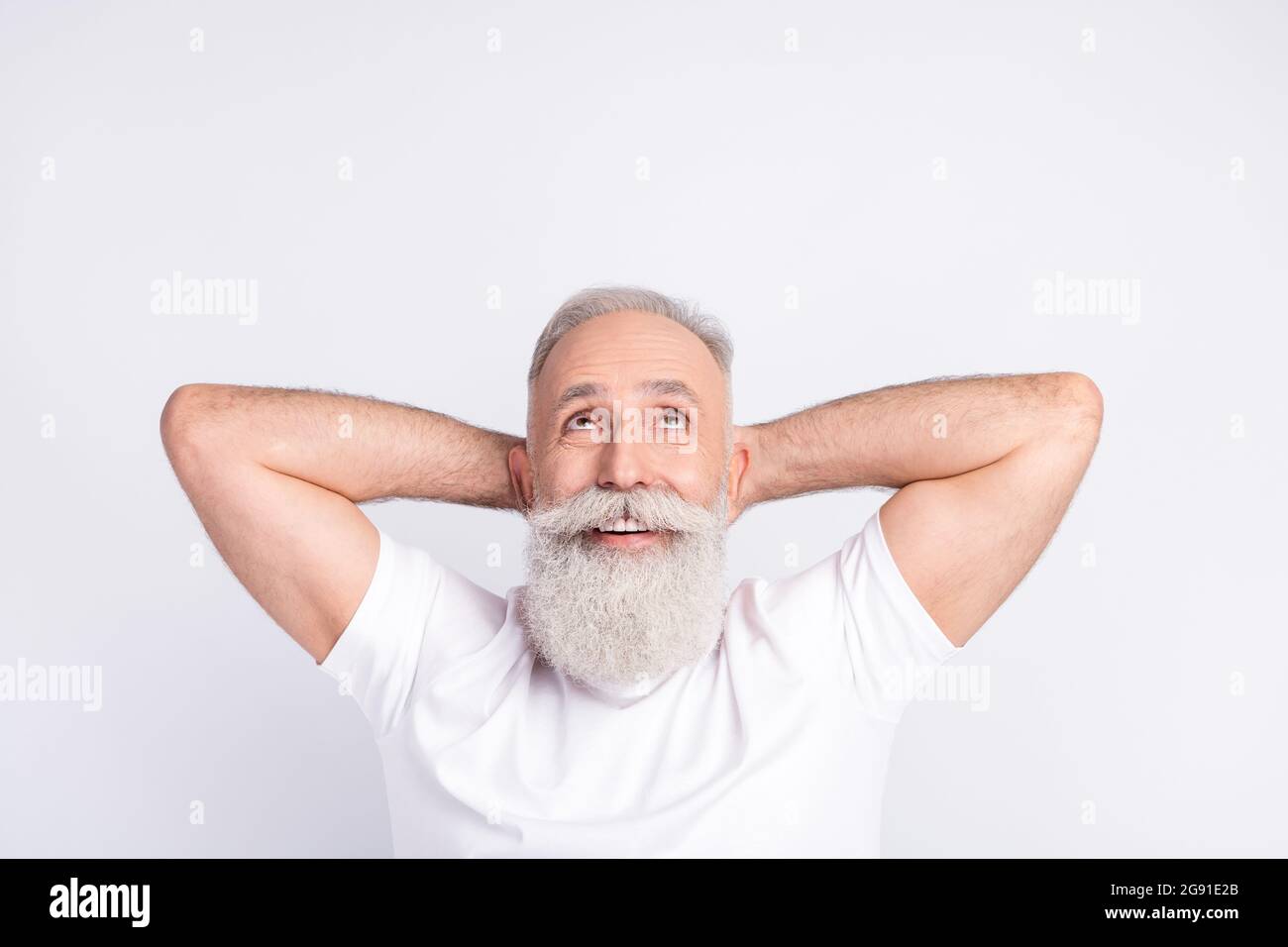 Top above high angle view photo of happy old man look up empty space ...