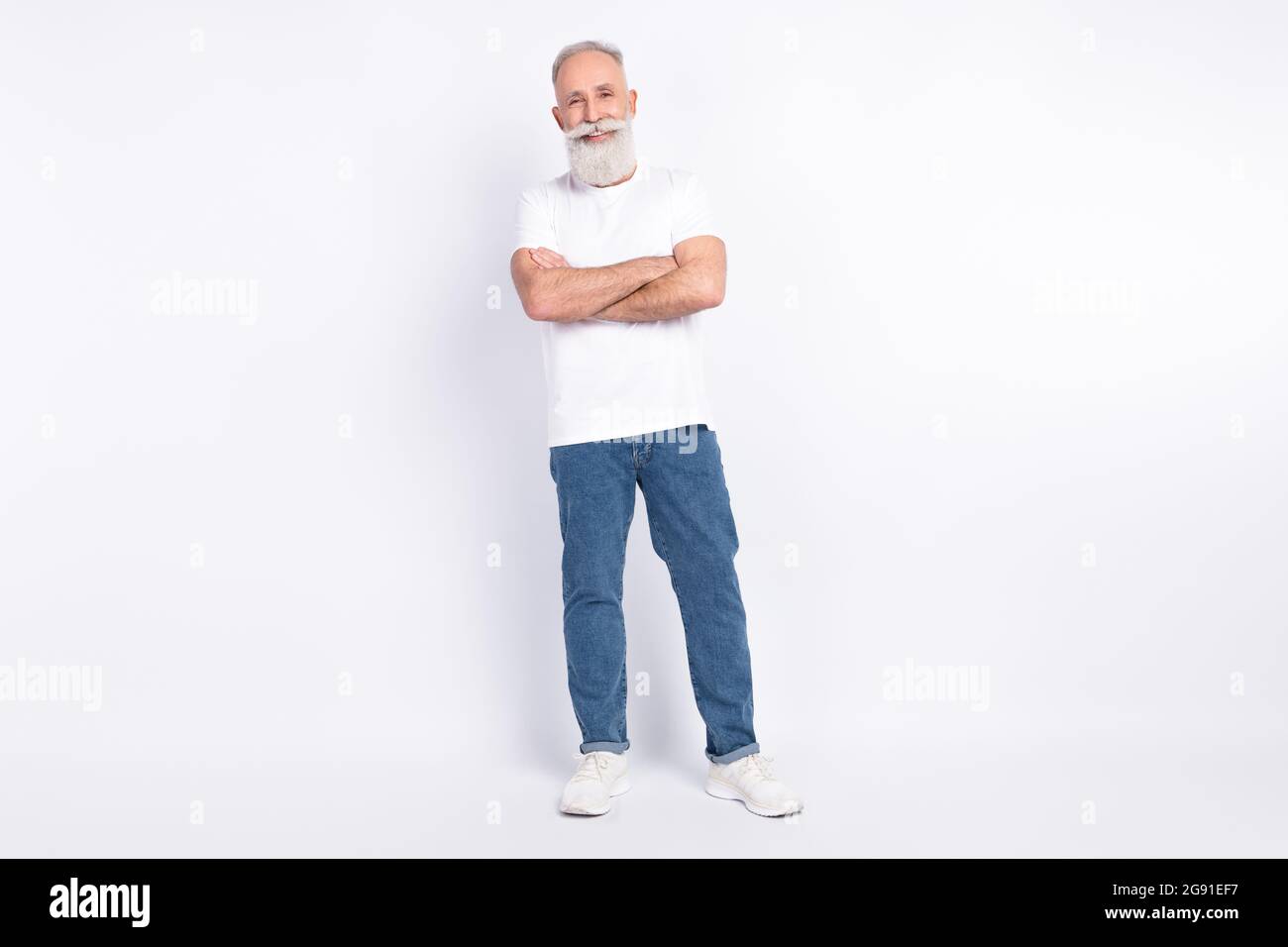 Full body photo of happy confident old man hold hands crossed smile ...