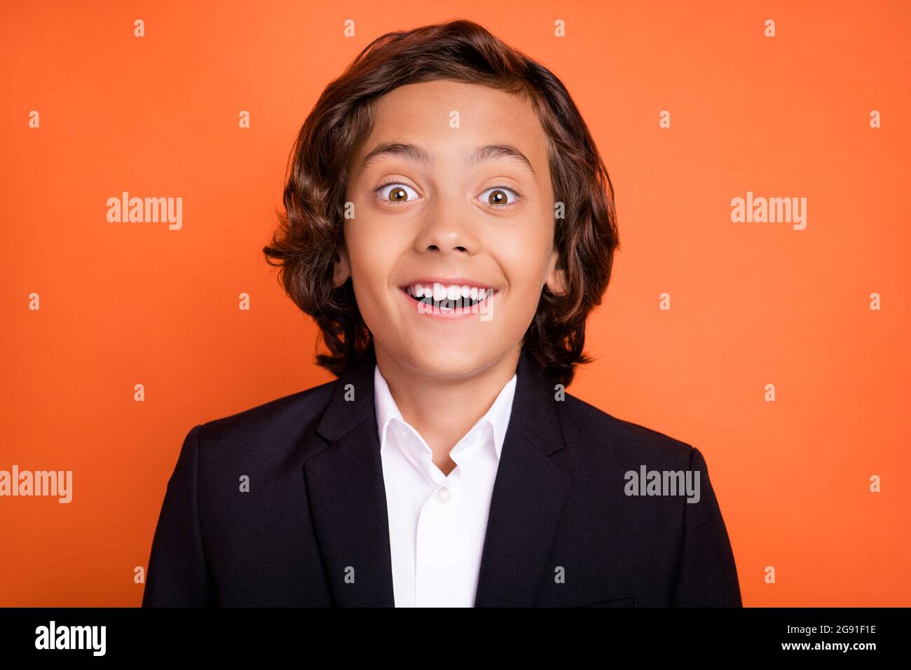 Photo of young happy positive amazed small boy shocked face wear ...