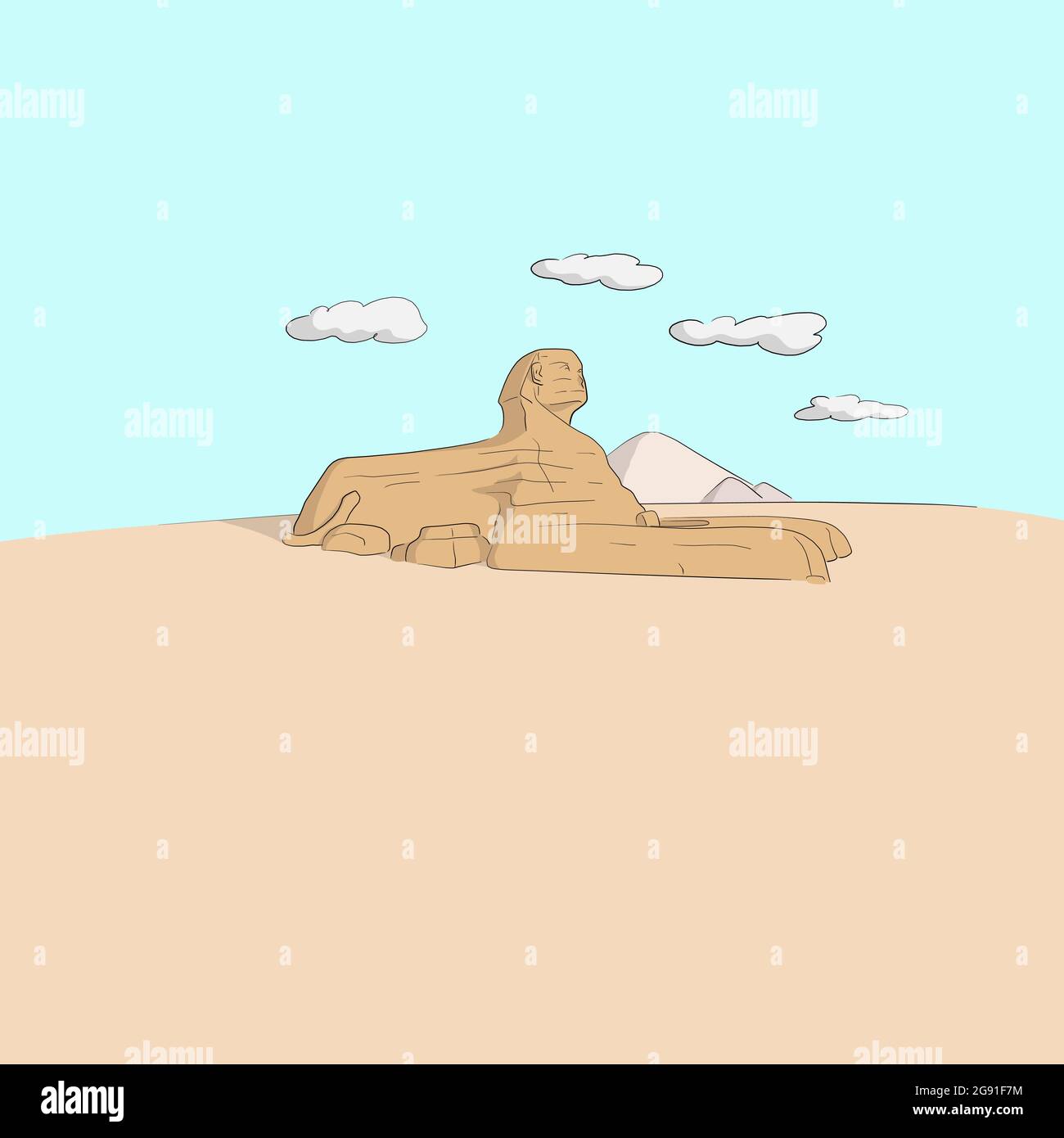 Egyptian Great Sphinx full body portrait against blue sky and pyramids ...