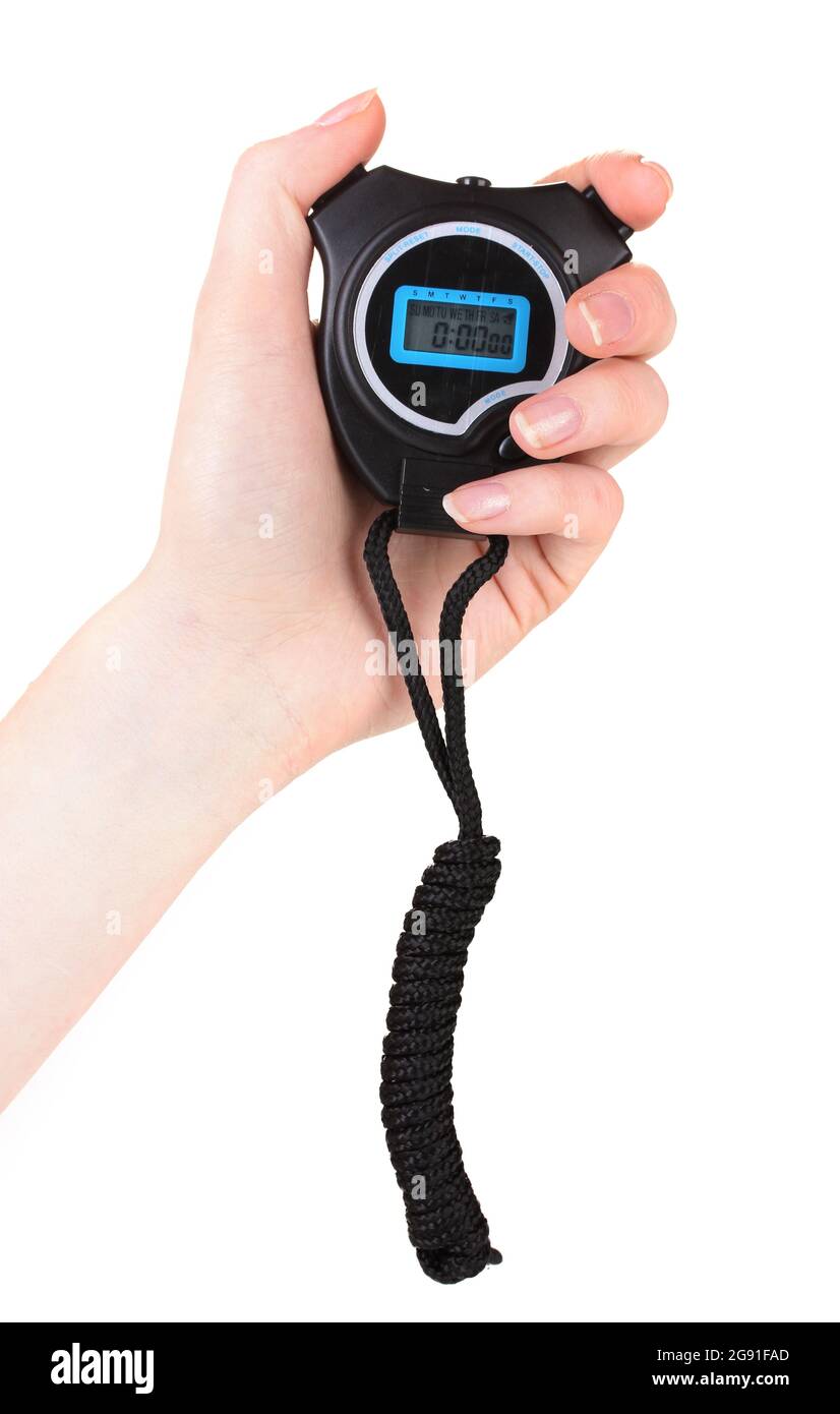 electronic sport timer in hand isolated on white Stock Photo - Alamy