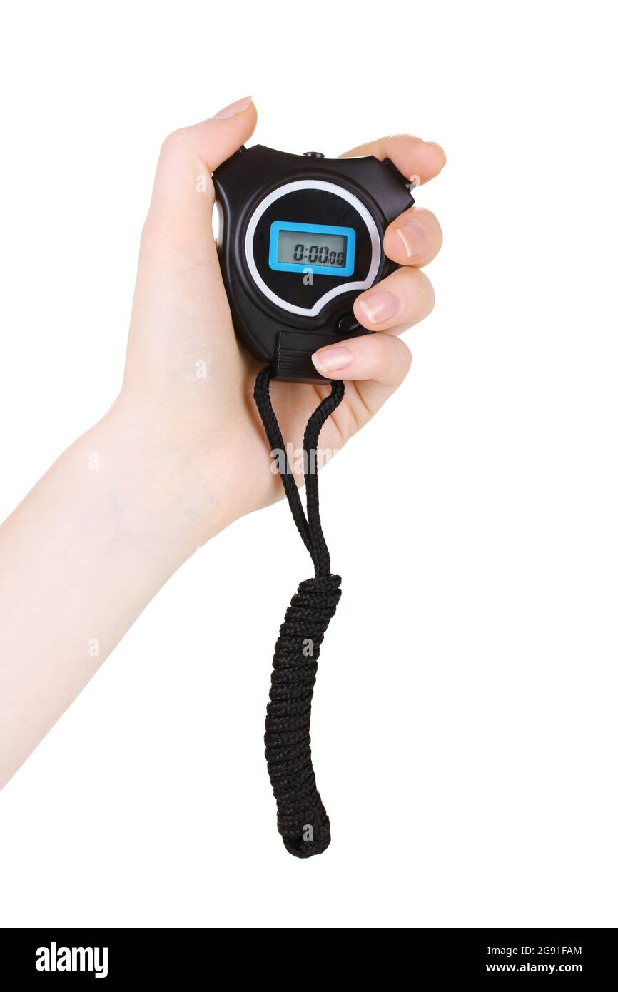 electronic sport timer in hand isolated on white Stock Photo - Alamy