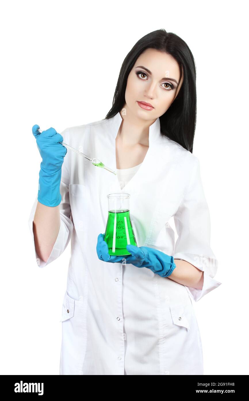Young female scientist holding test-tube isolated on white Stock Photo ...