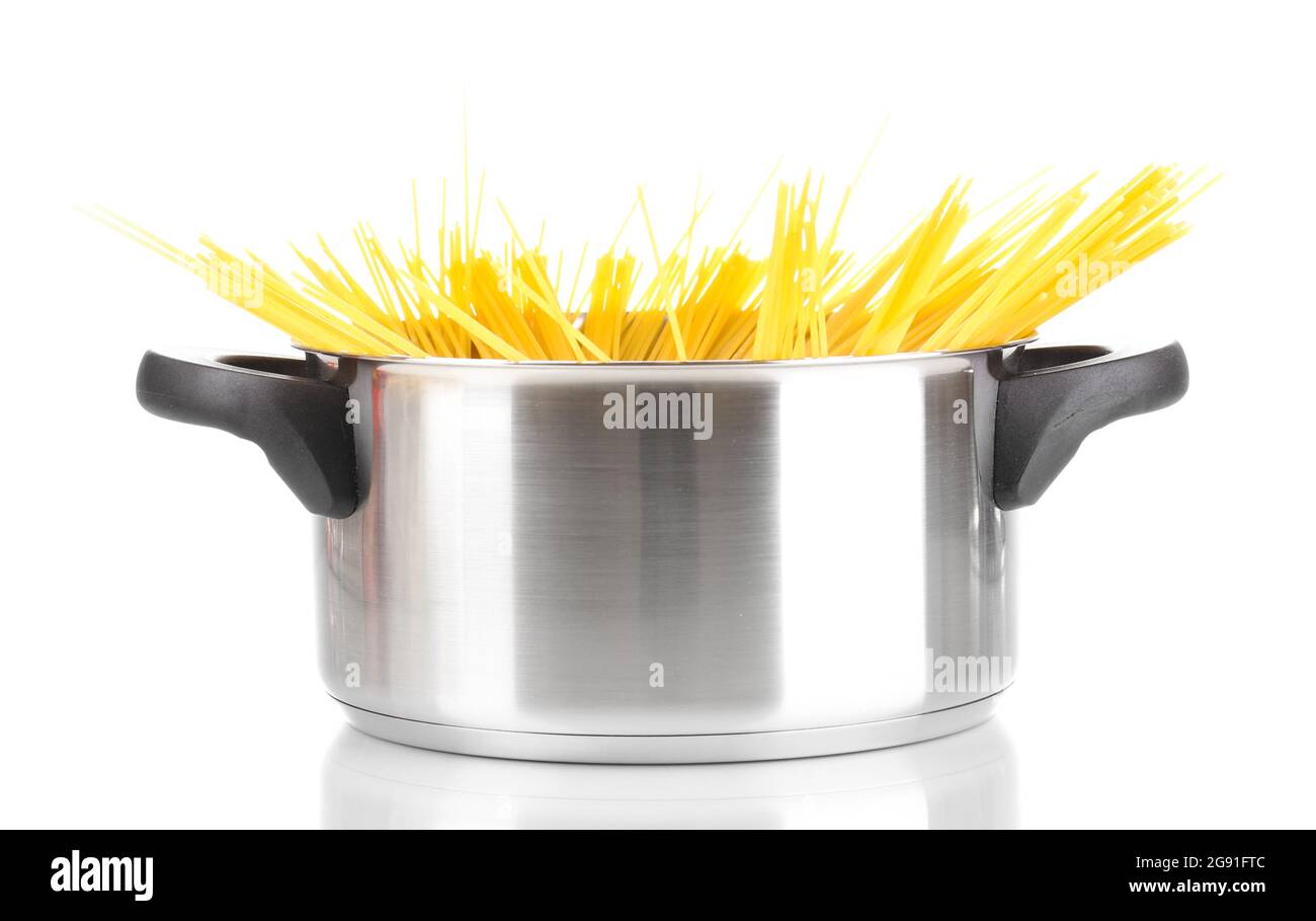 Spaghetti in pot isolated on white Stock Photo - Alamy