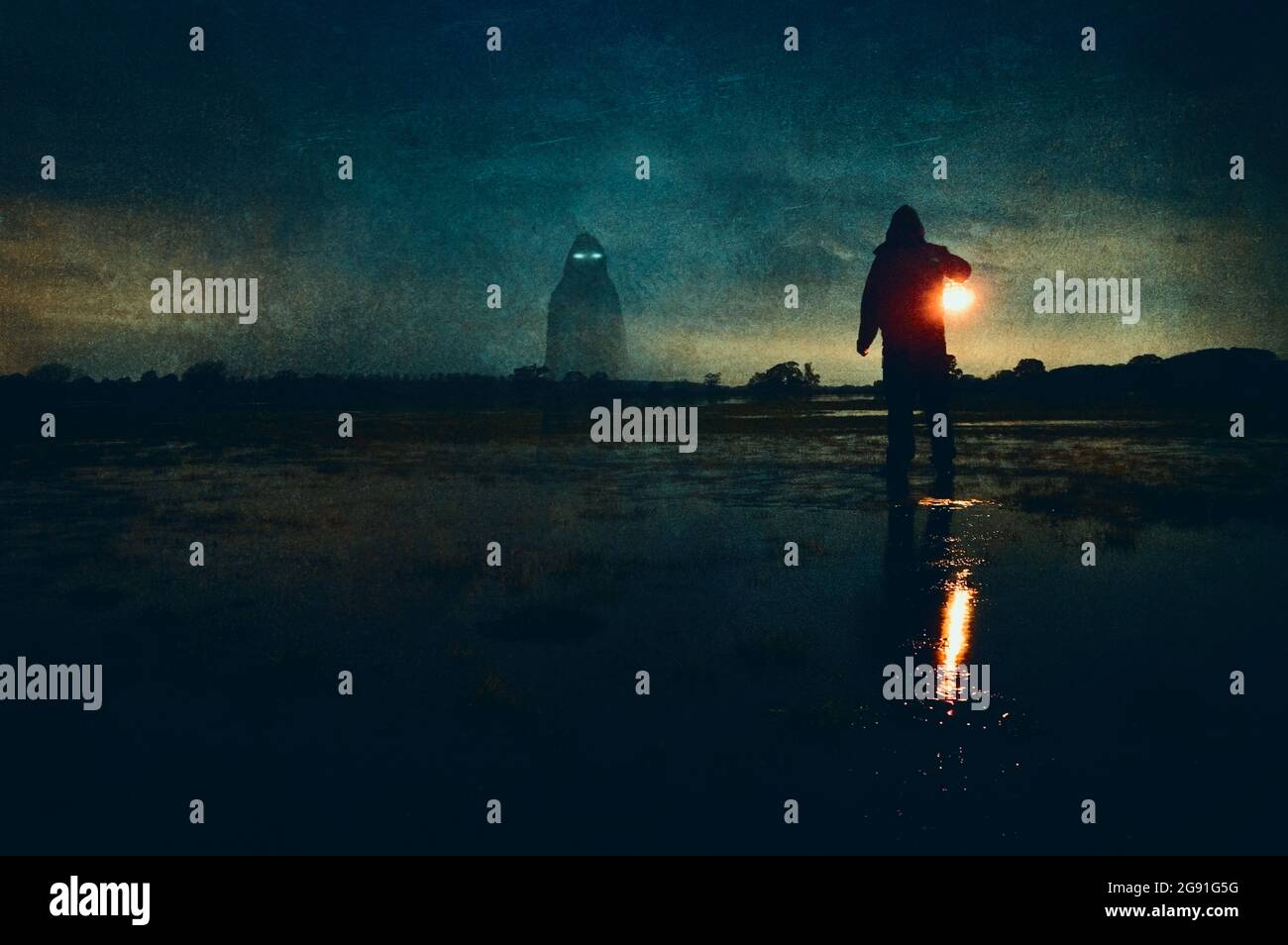 A haunted concept. Of a man with a lamp looking at a spooky ghost with ...