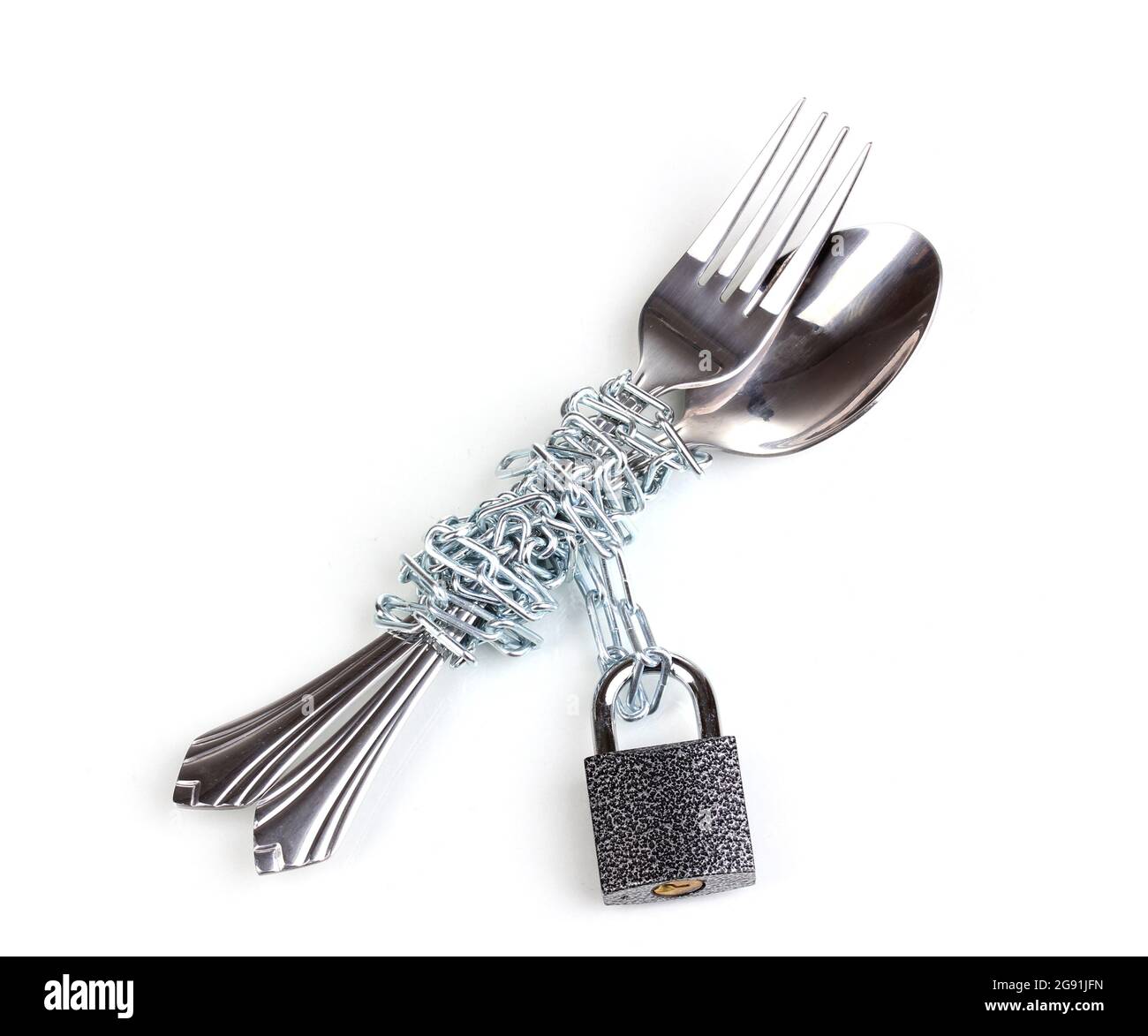 Fork and spoon with chain and padlock isolated on white Stock Photo - Alamy