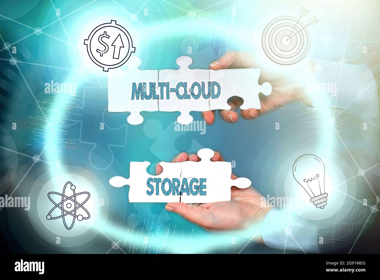 Conceptual display Multi Cloud Storage. Word Written on use of multiple cloud computing and ...