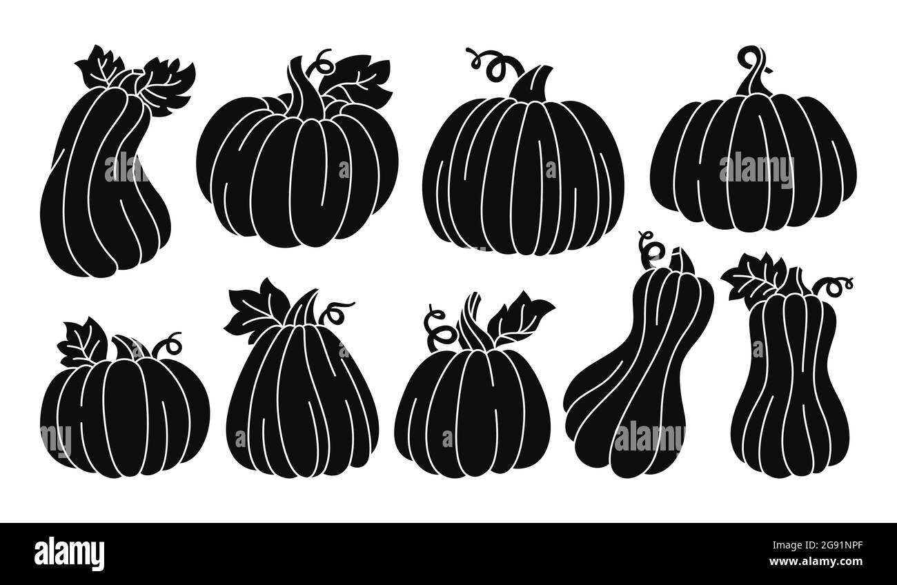 Pumpkin black glyph set. Autumn contour ripe whole pumpkins icon ...