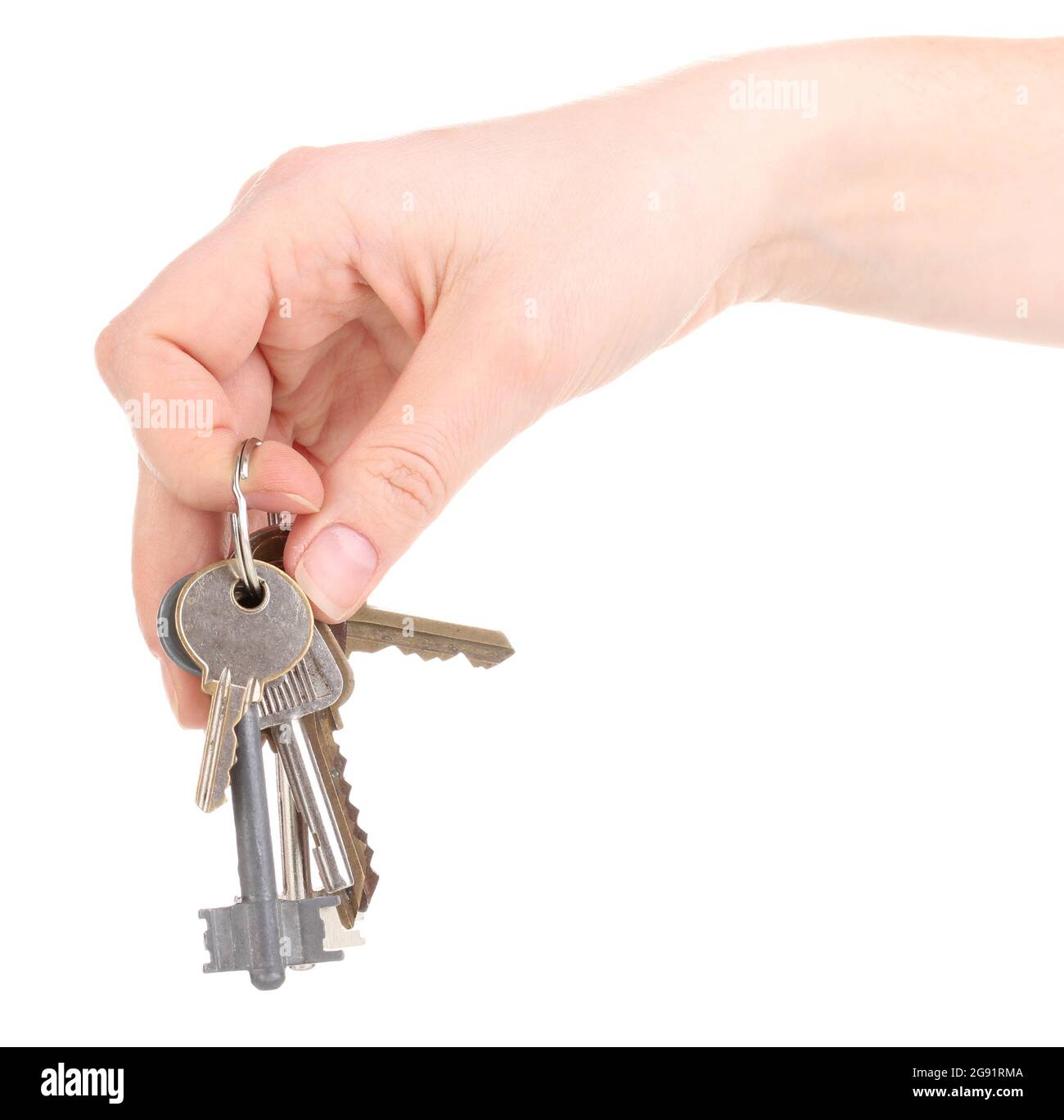 Bunch of keys in hand isolated on white Stock Photo - Alamy