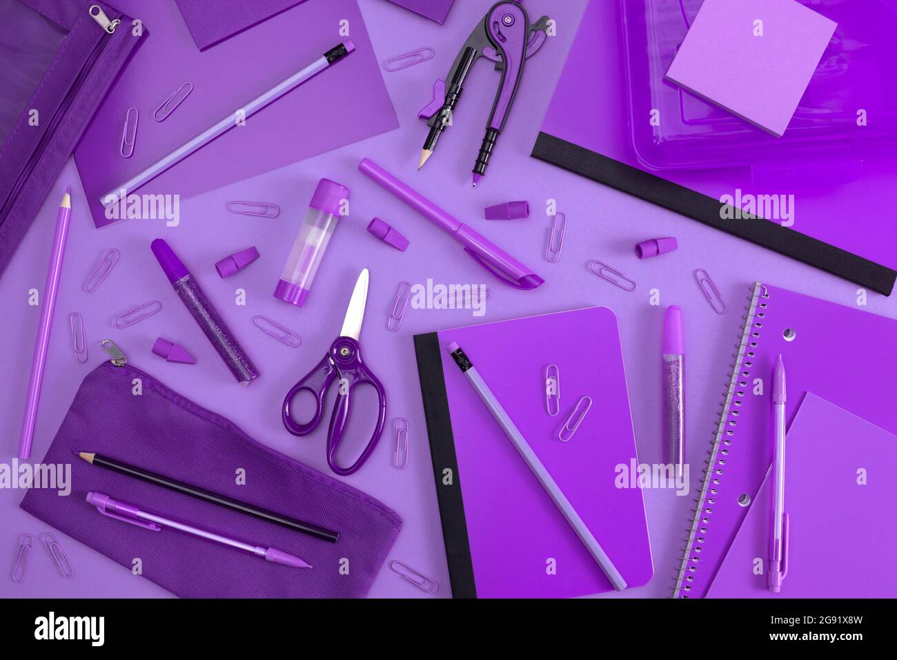Background of Purple School and Office Supplies Stock Photo - Alamy