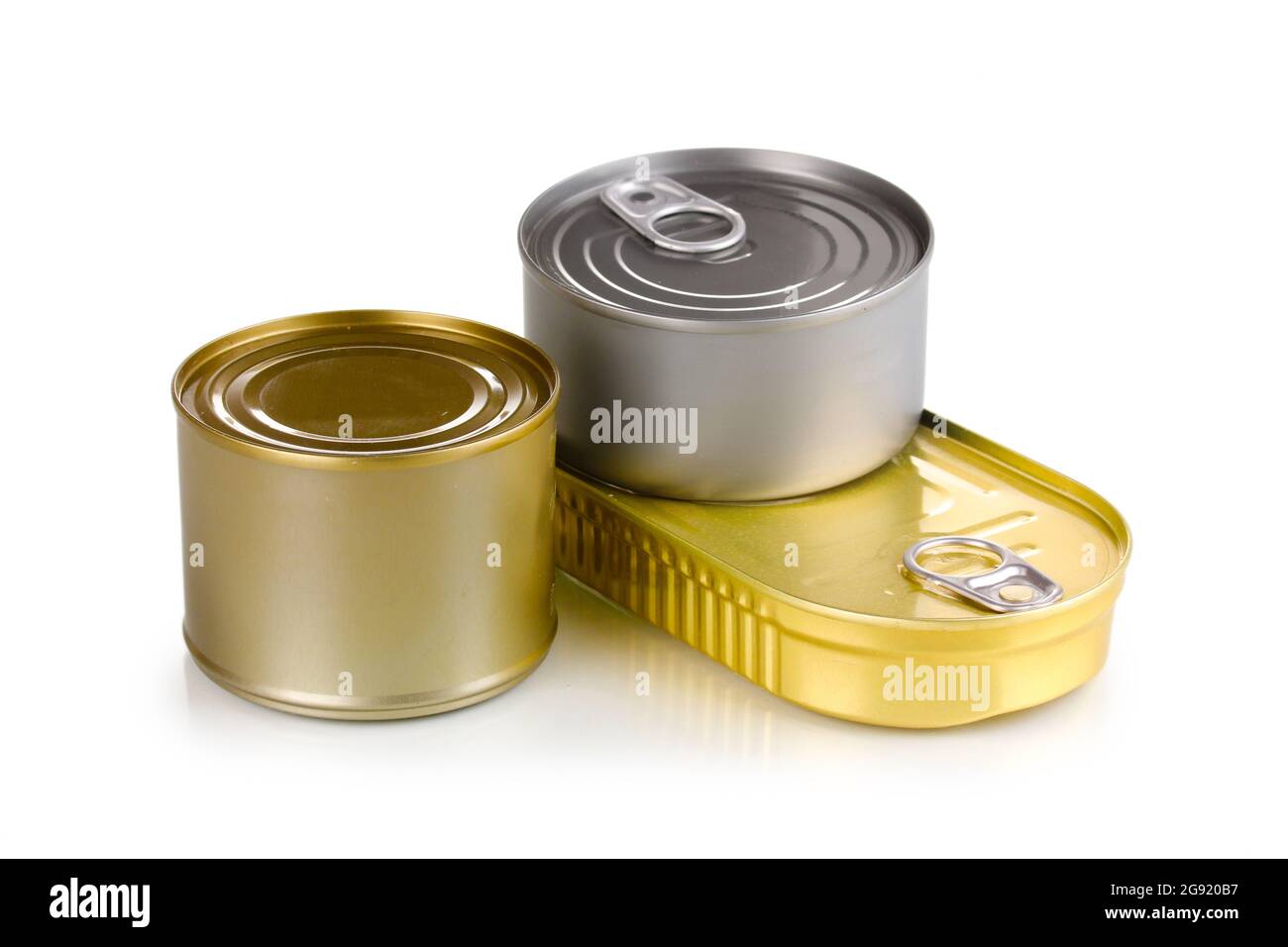Three tin cans isolated on white Stock Photo - Alamy