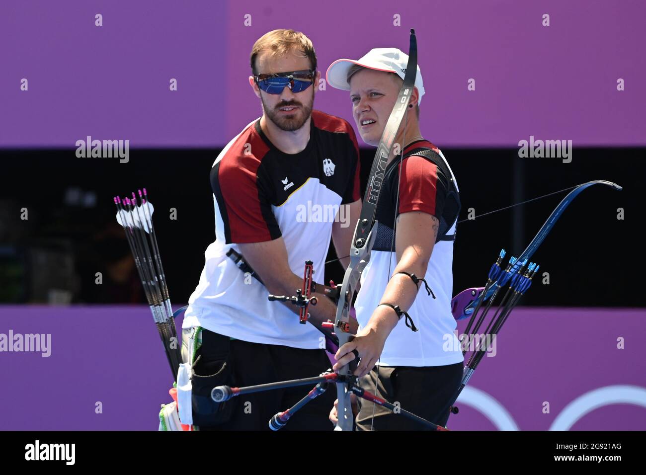 Tokyo, Japan. 24th July, 2021. Archery: Olympics, preliminary competition, Olympic bow, team, at ...