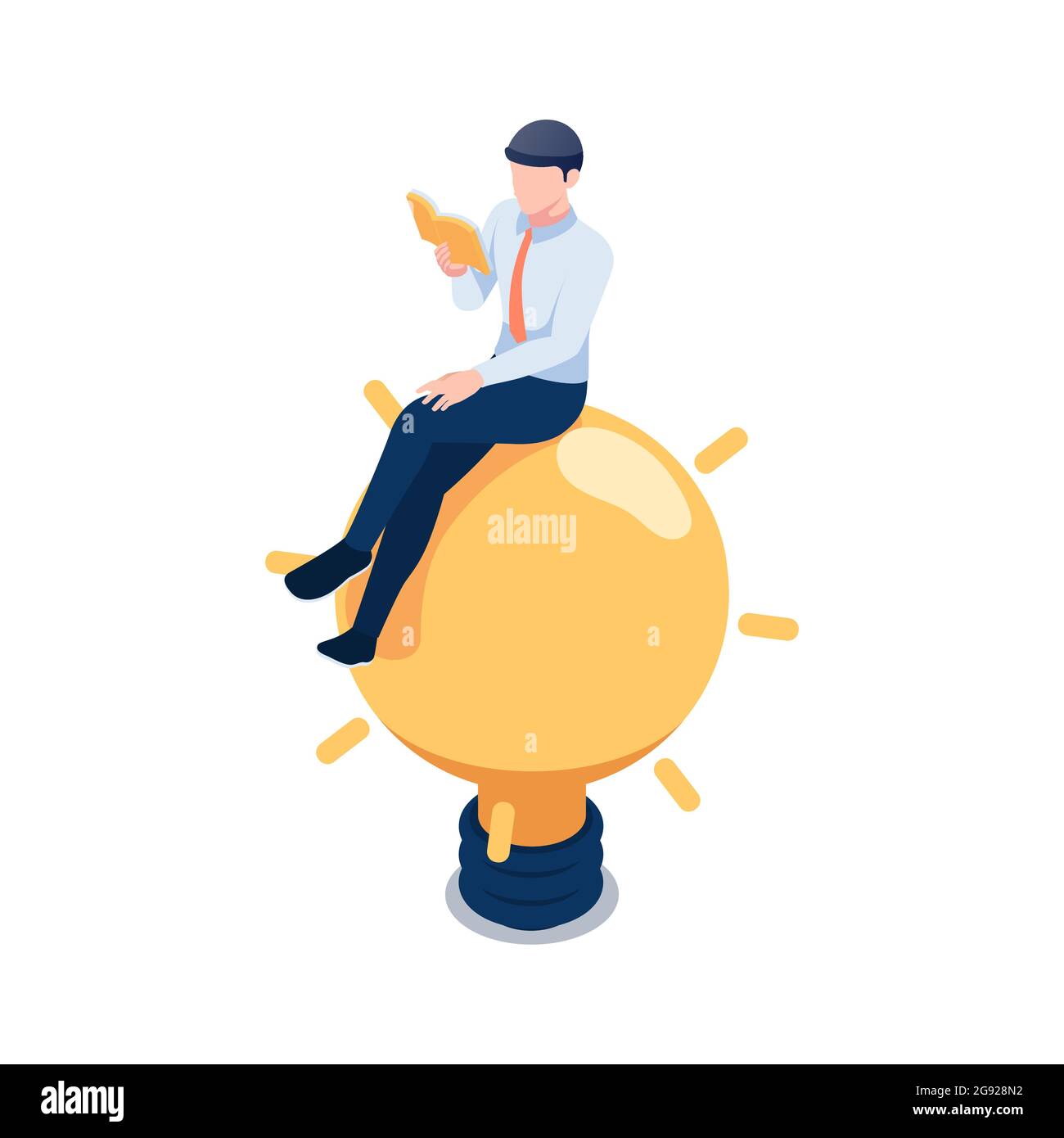 Flat 3d Isometric Businessman Sitting on Light Bulb and Reading Book ... Flat 3d Isometric Businessman Sitting on Light Bulb and Reading Book ...