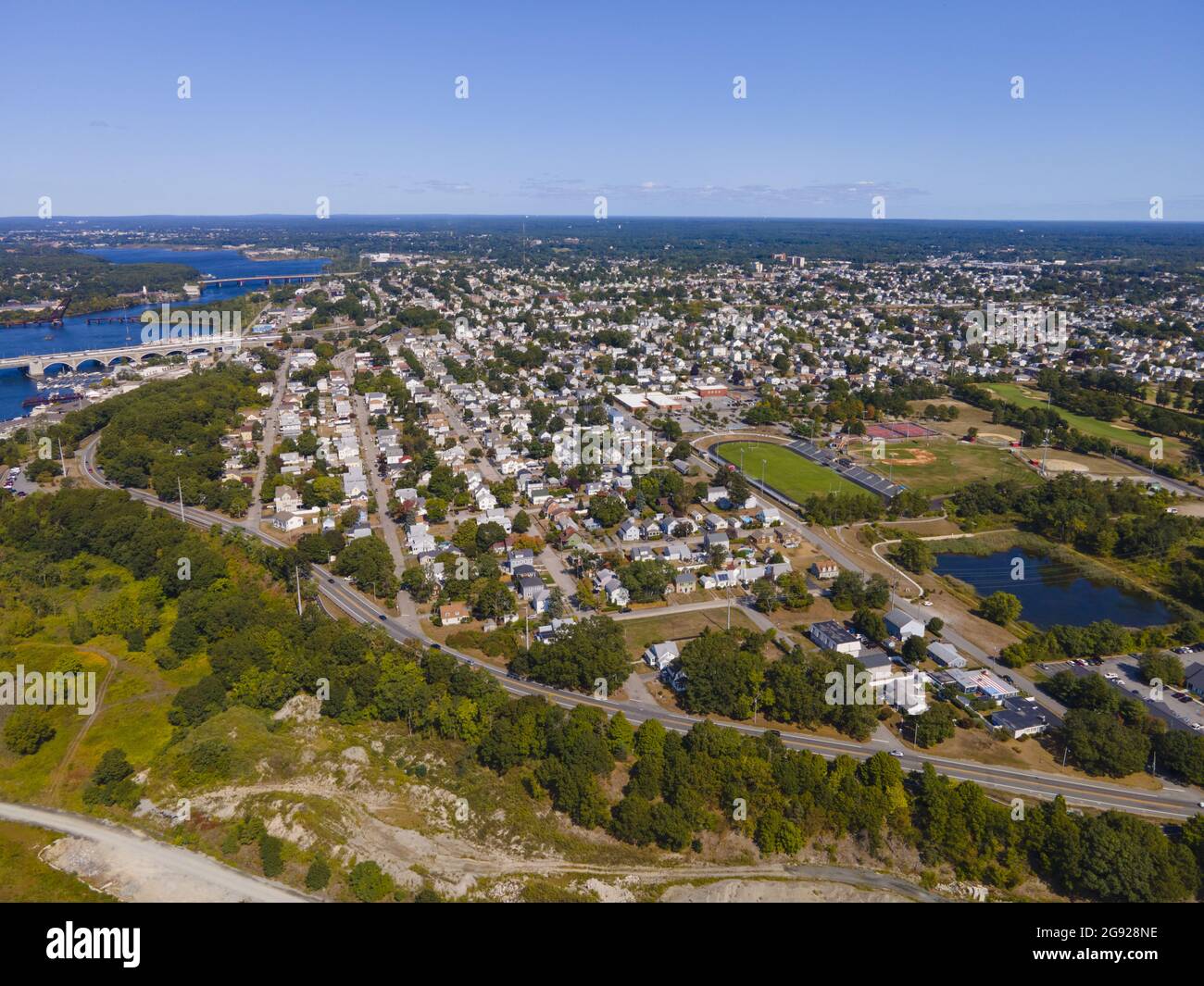 Aerial view of historic residence buildings in East Providence and ...